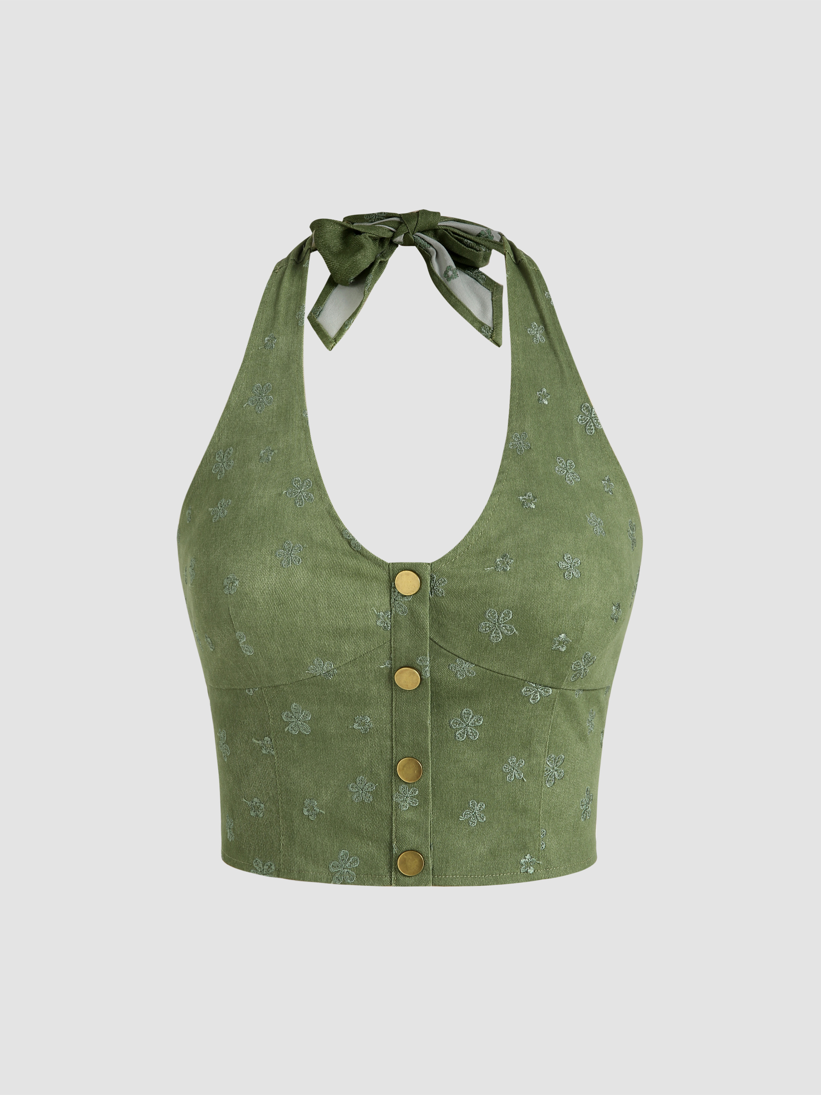 Floral Jacquard Denim Halter Top - Cider