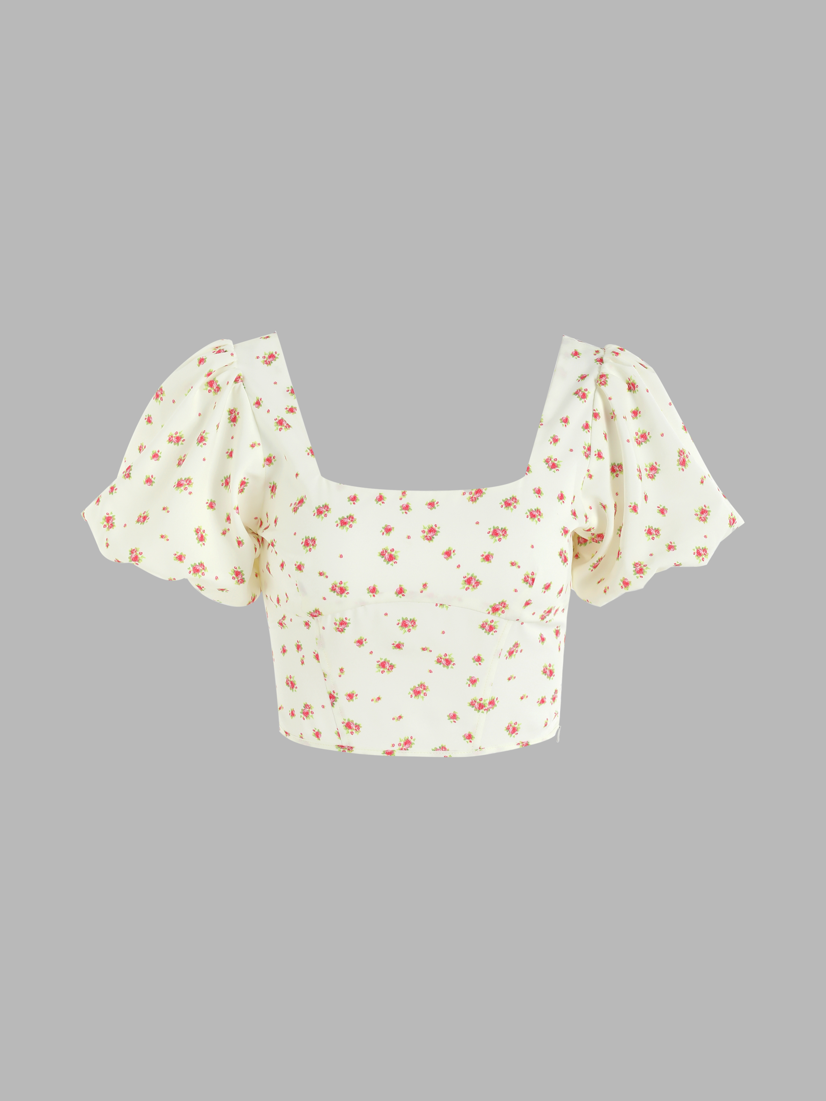 Floral Balloon Sleeve Crop Top - Cider