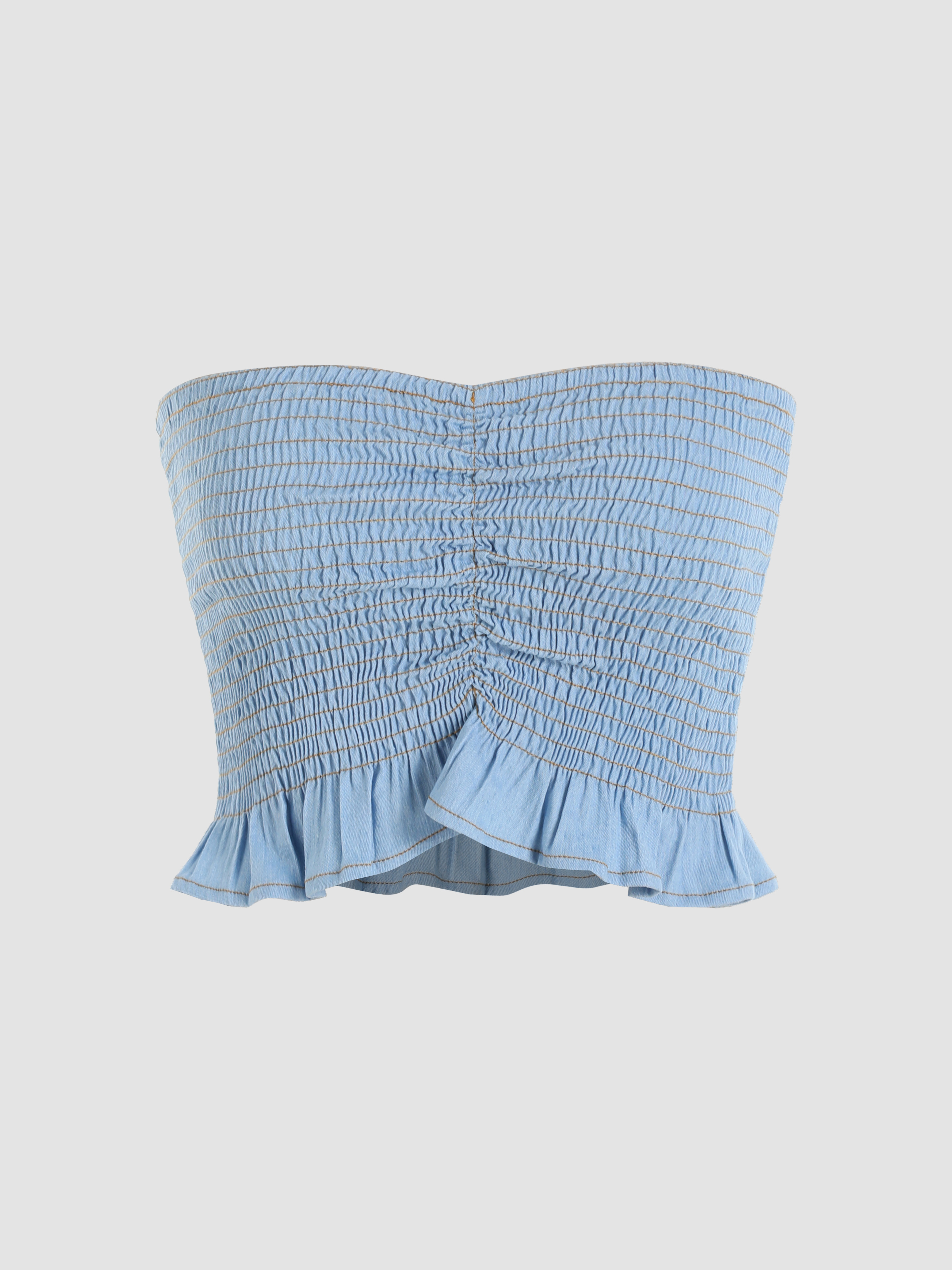 Ruffles Shirred Denim Strapless Crop Top For Daily Casual