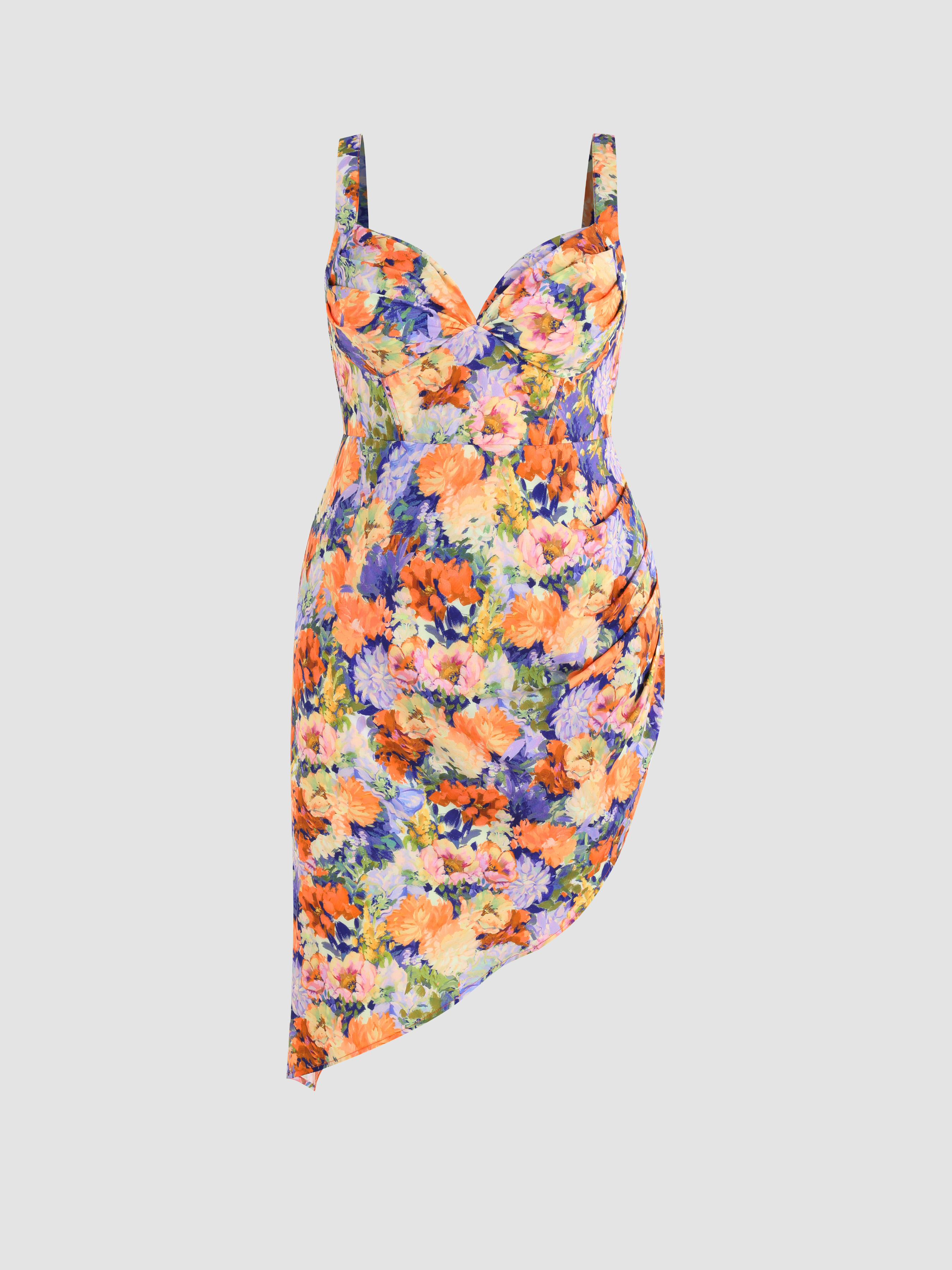 Asymmetric Hem Floral Midi Dress Curve And Plus For Picnic Vacation