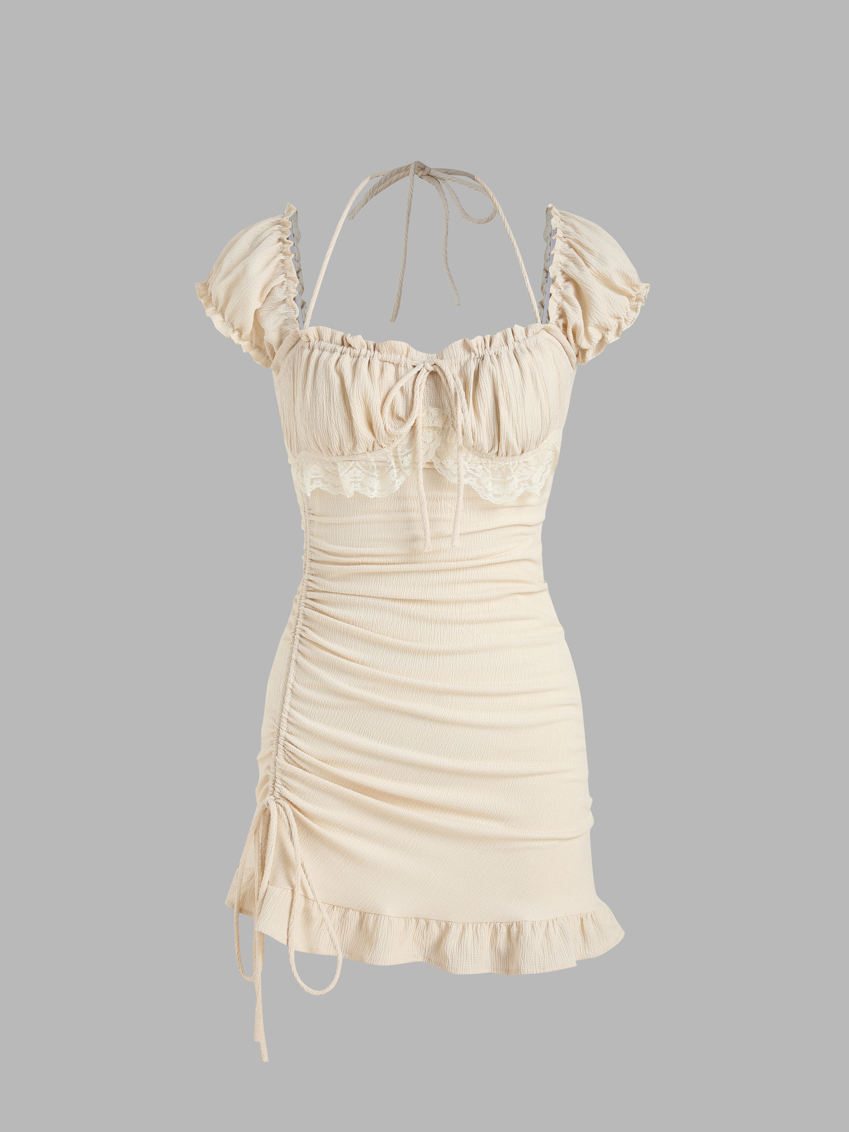 Texture Lace Trim Ruffles Ruched Dress - Cider