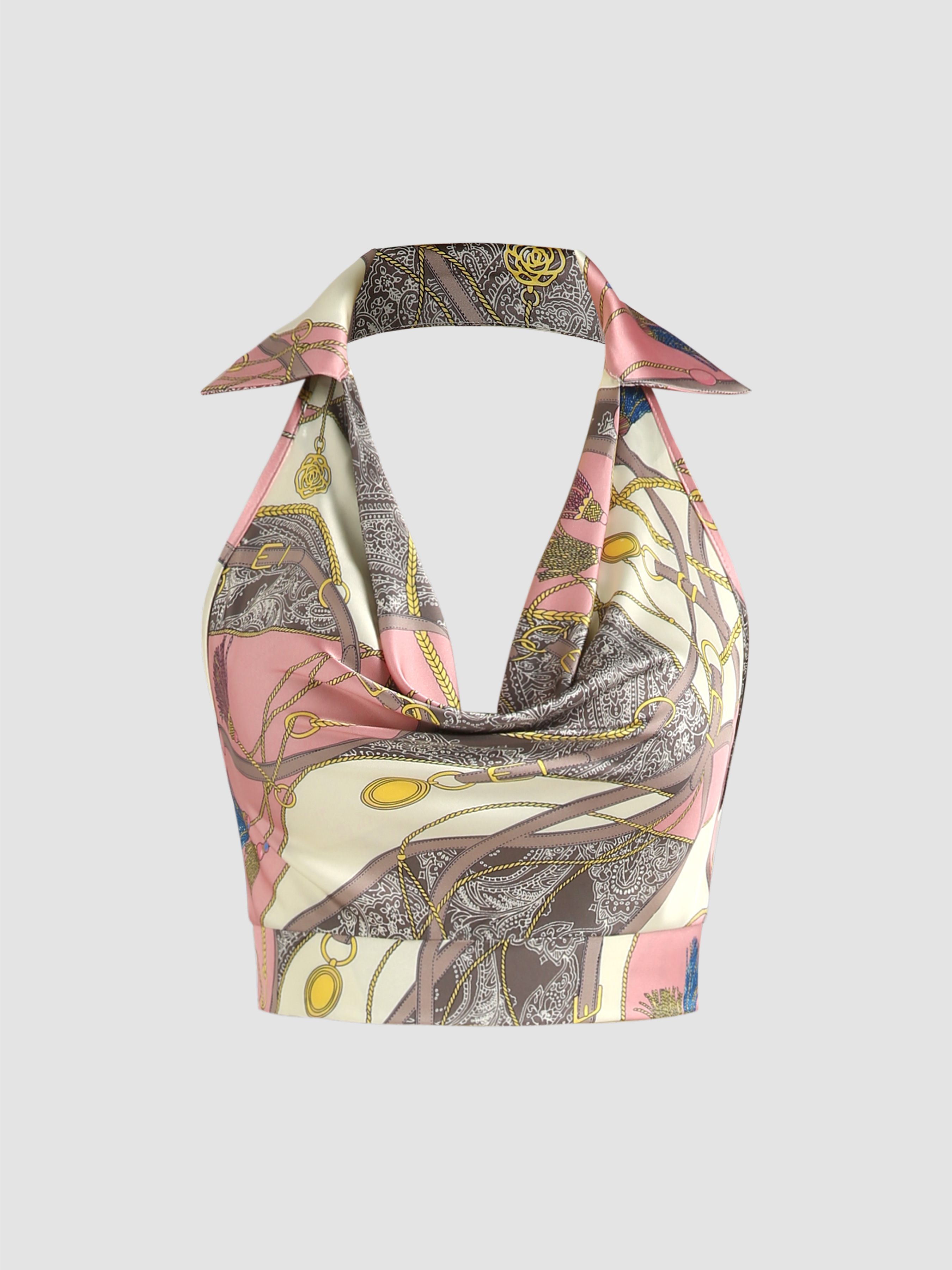 Chain & Baroque Print Cowl Neck Crop Top - Cider