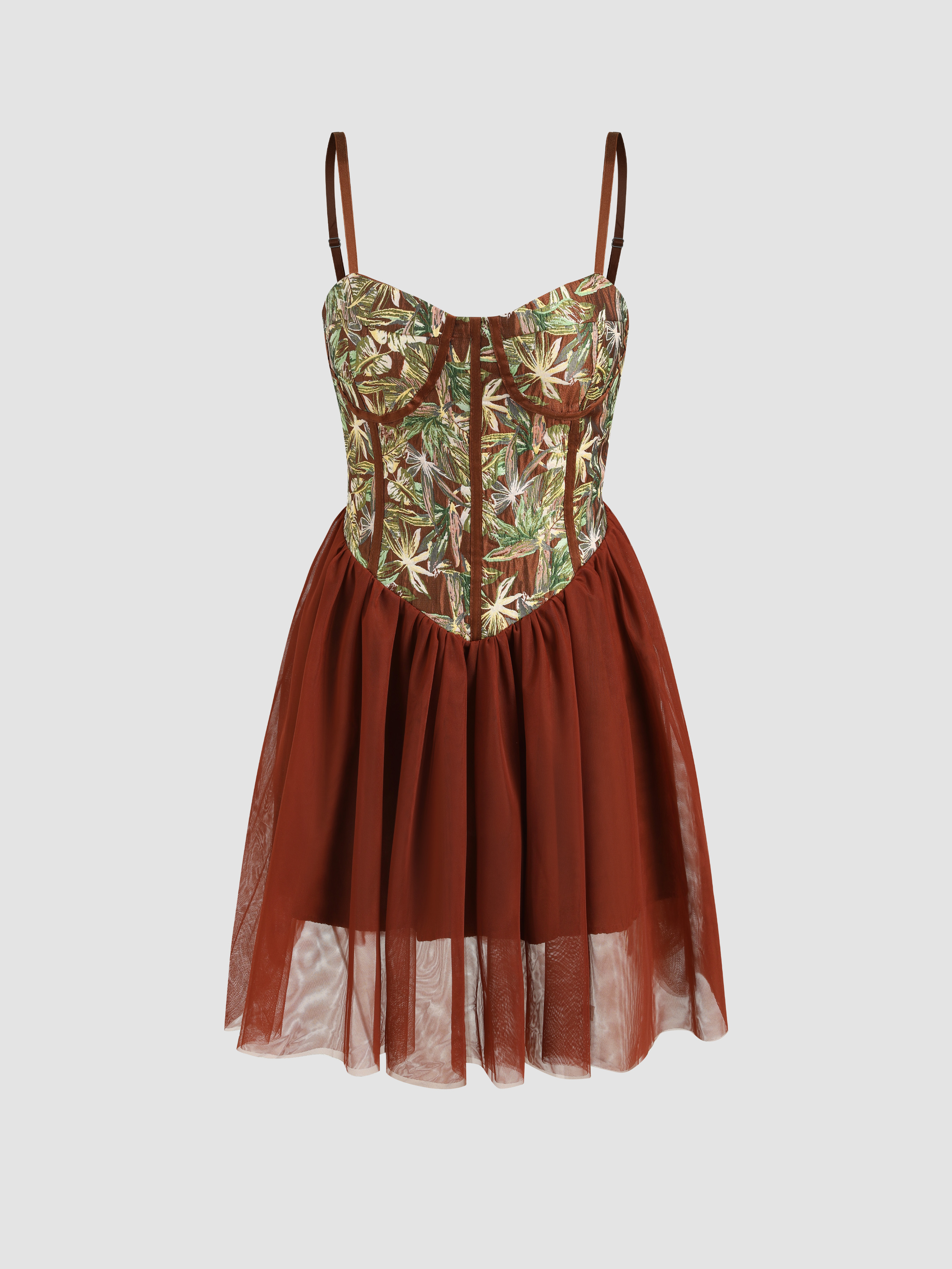 Mesh Leaf Pattern Mesh Mini Dress