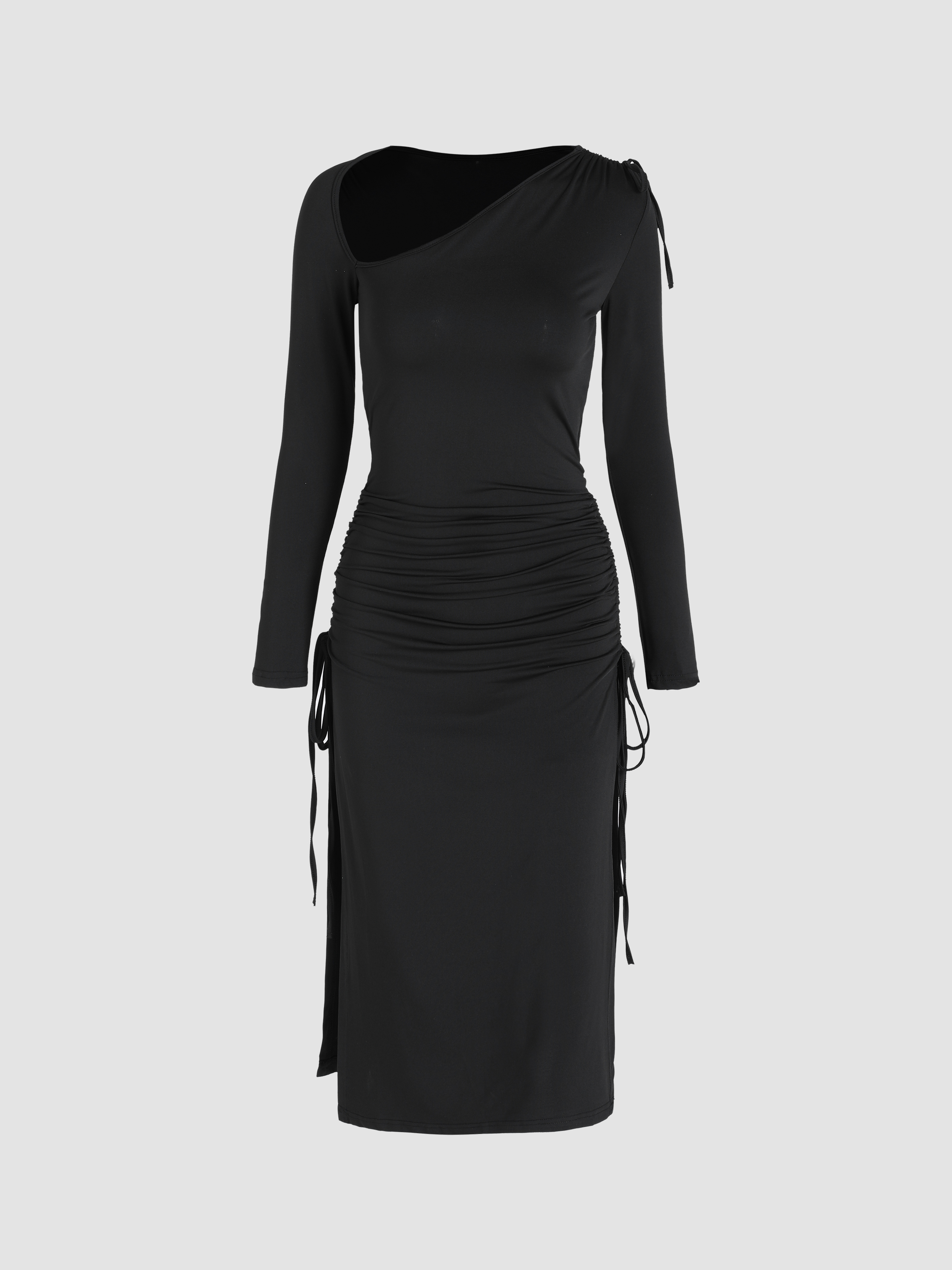 Ruched Drawstring Slit Midi Dress - Cider