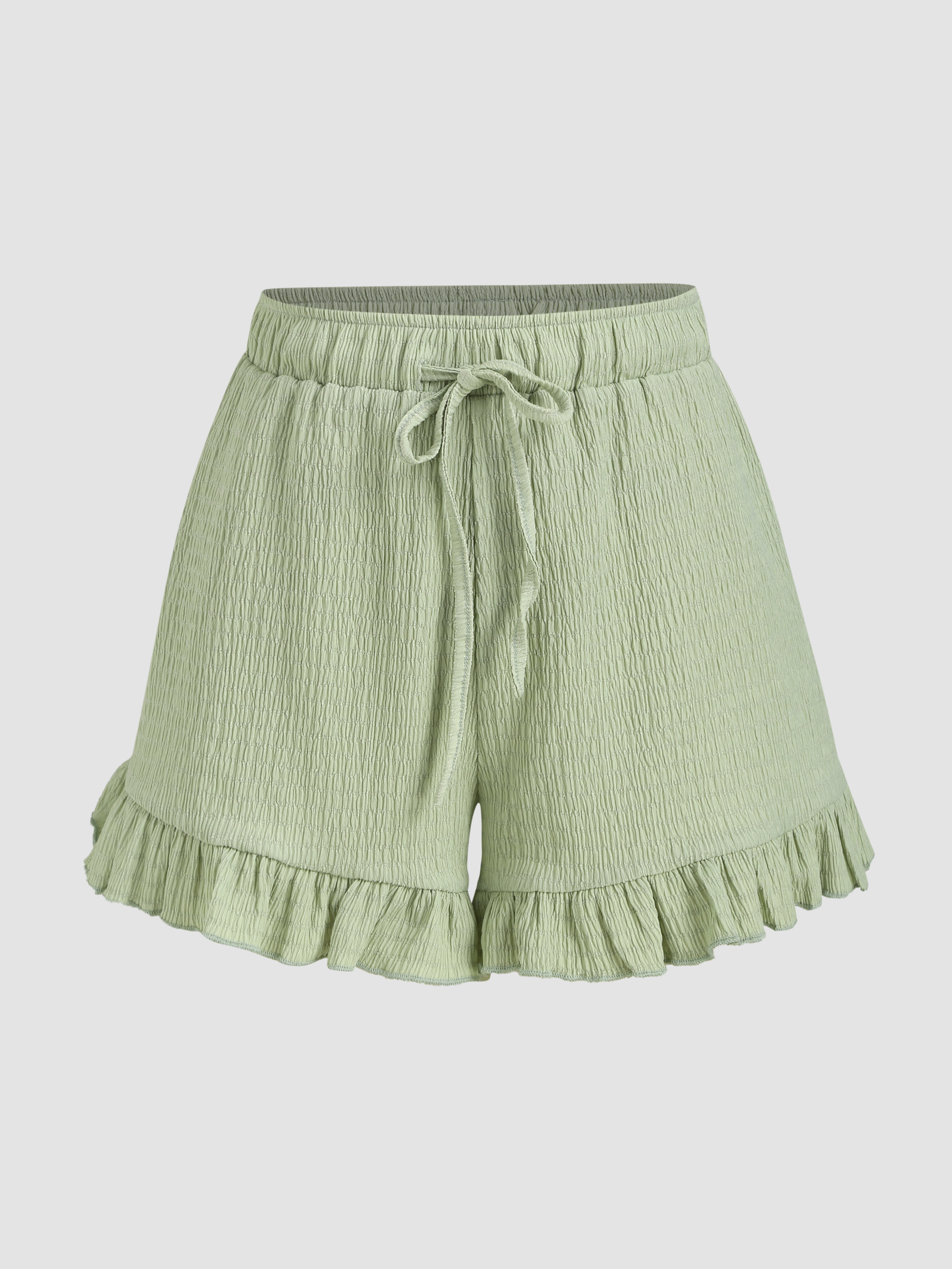 Solid Texture Drawstring Ruffles Mini Shorts For Daily Casual