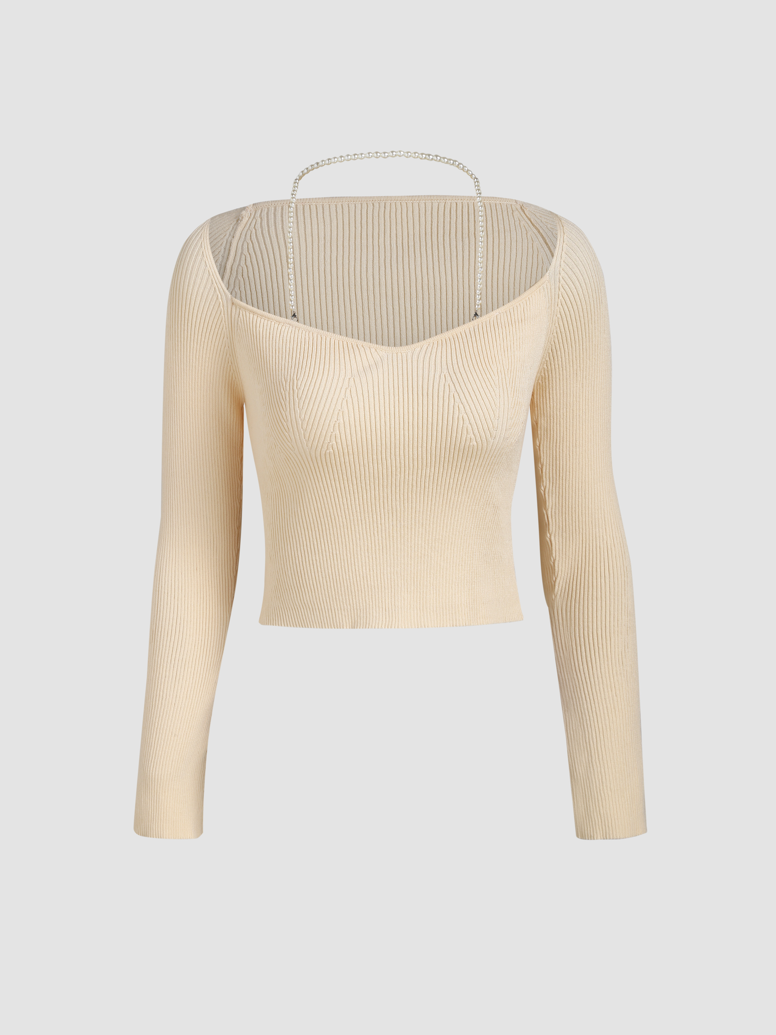 Rib Knit Solid Pearl Halter Crop Top - Cider