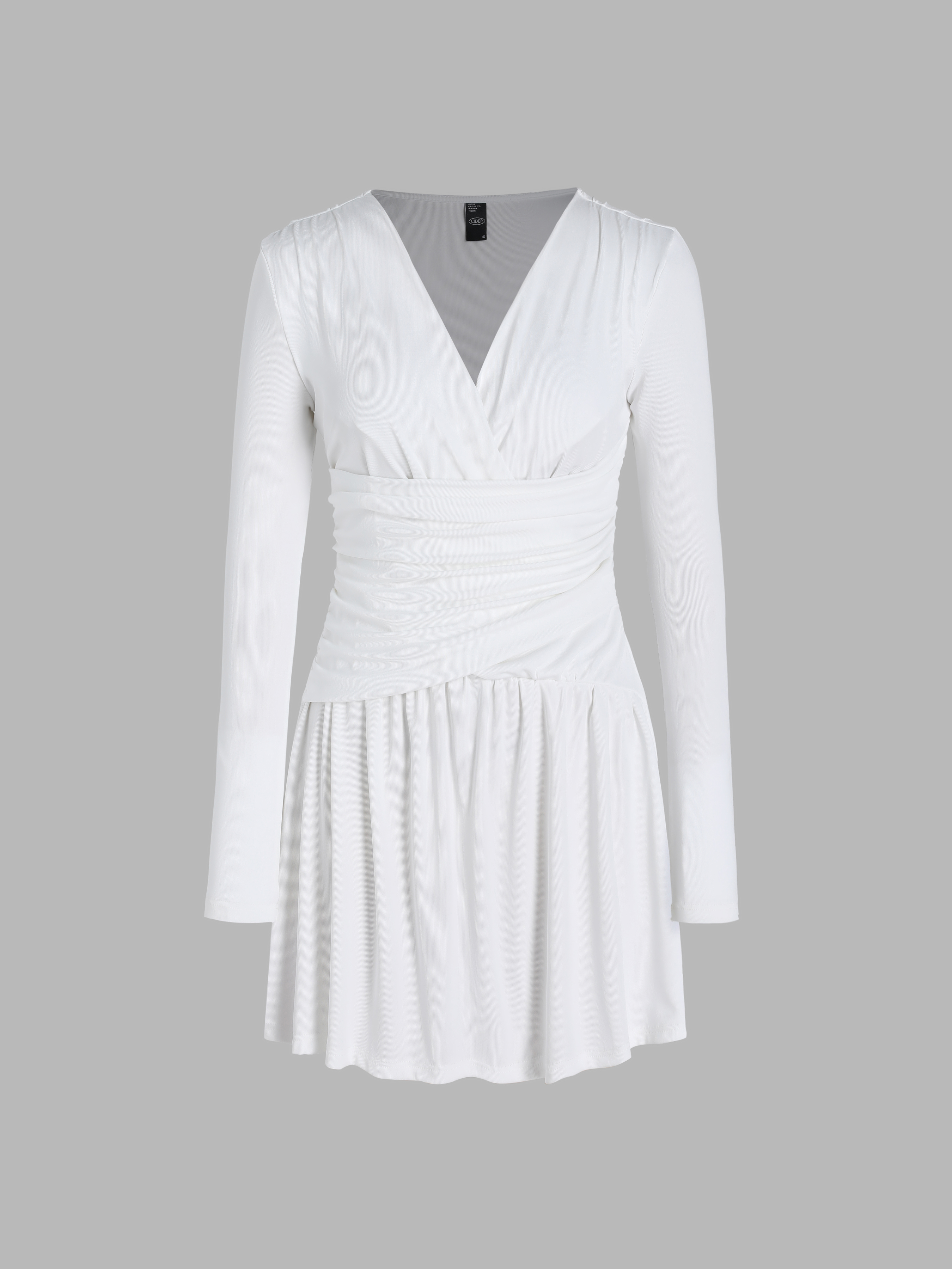 White Graduation Dresses V Neck Ruched Long Sleeve Mini Dress For