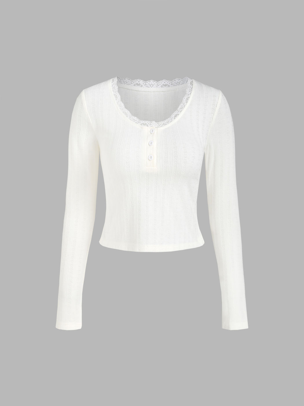 Solid Button Lace Neck Crop Top - Cider