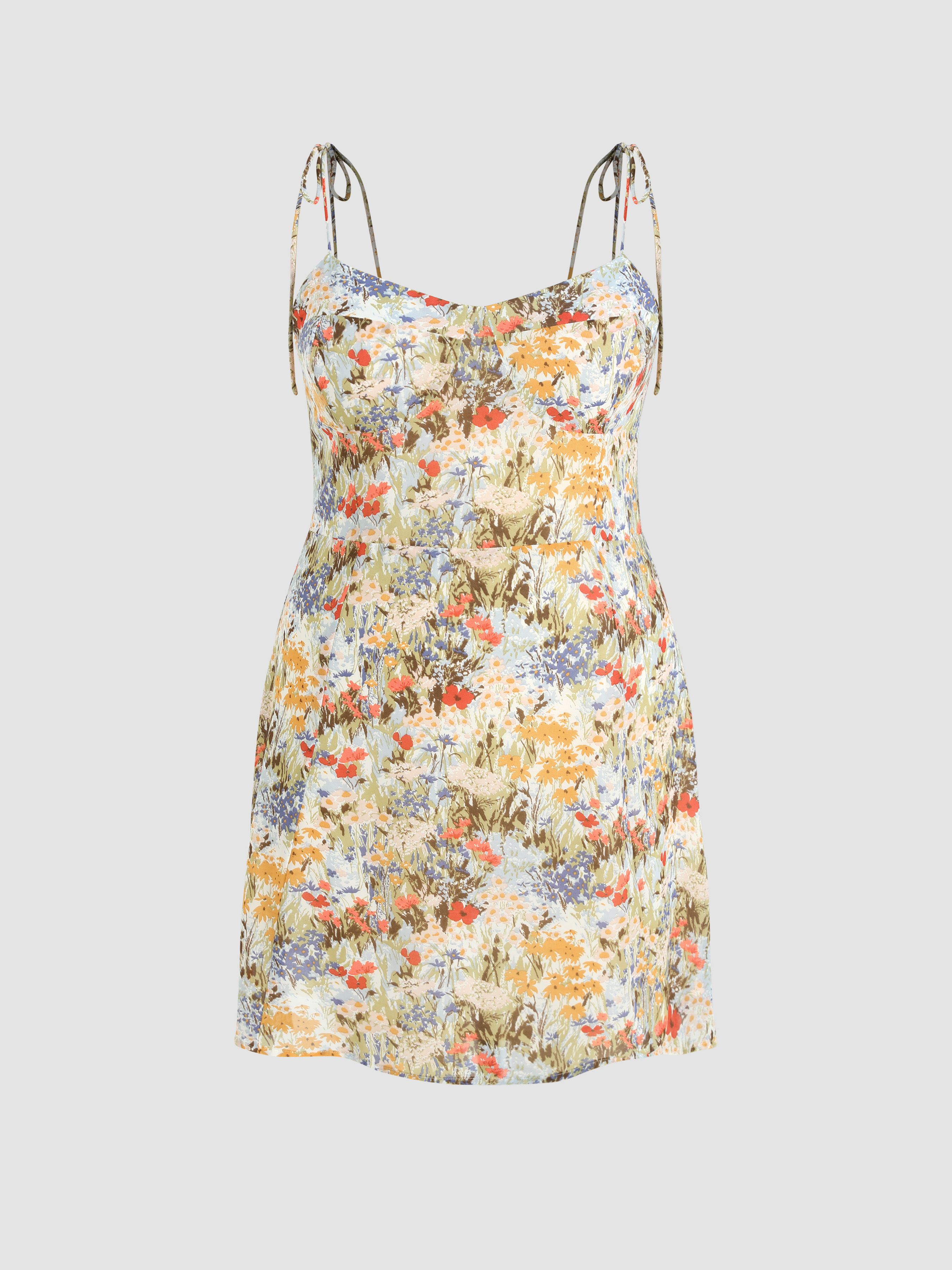 Curve And Plus Floral Tie Shoulder Shirred Mini Dress For Vacation