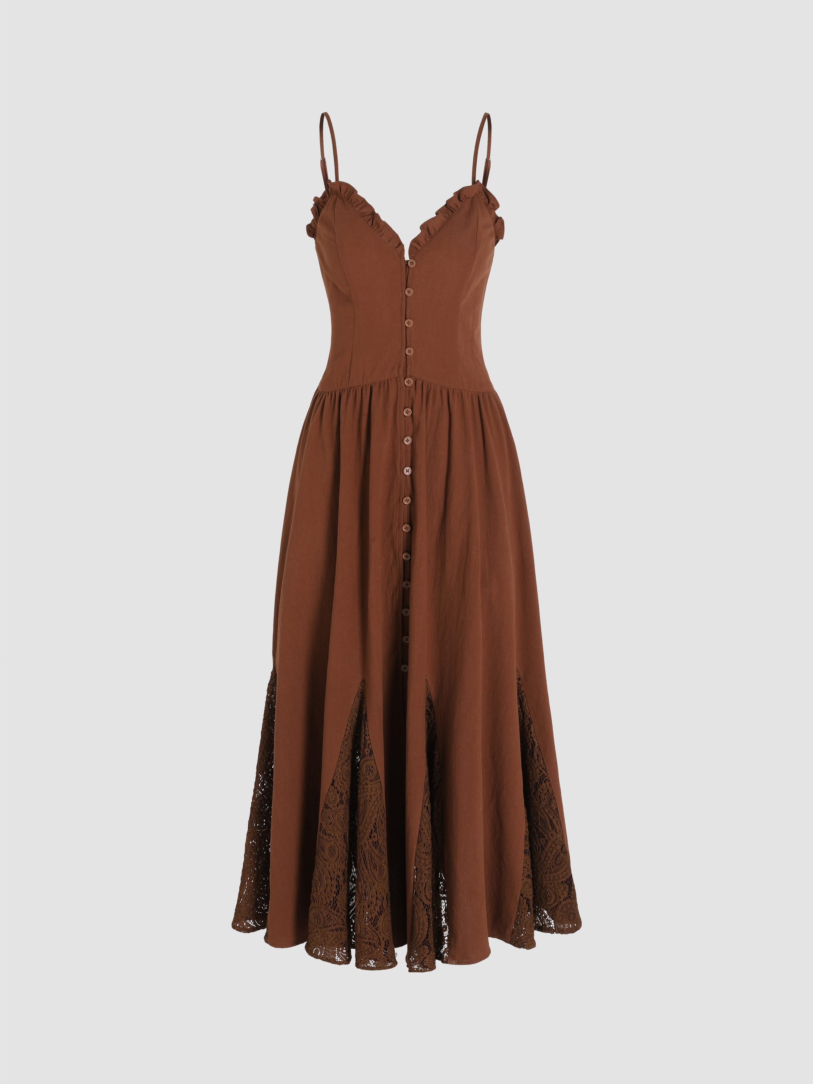 Lace Hem Button Up Cami Dress - Cider