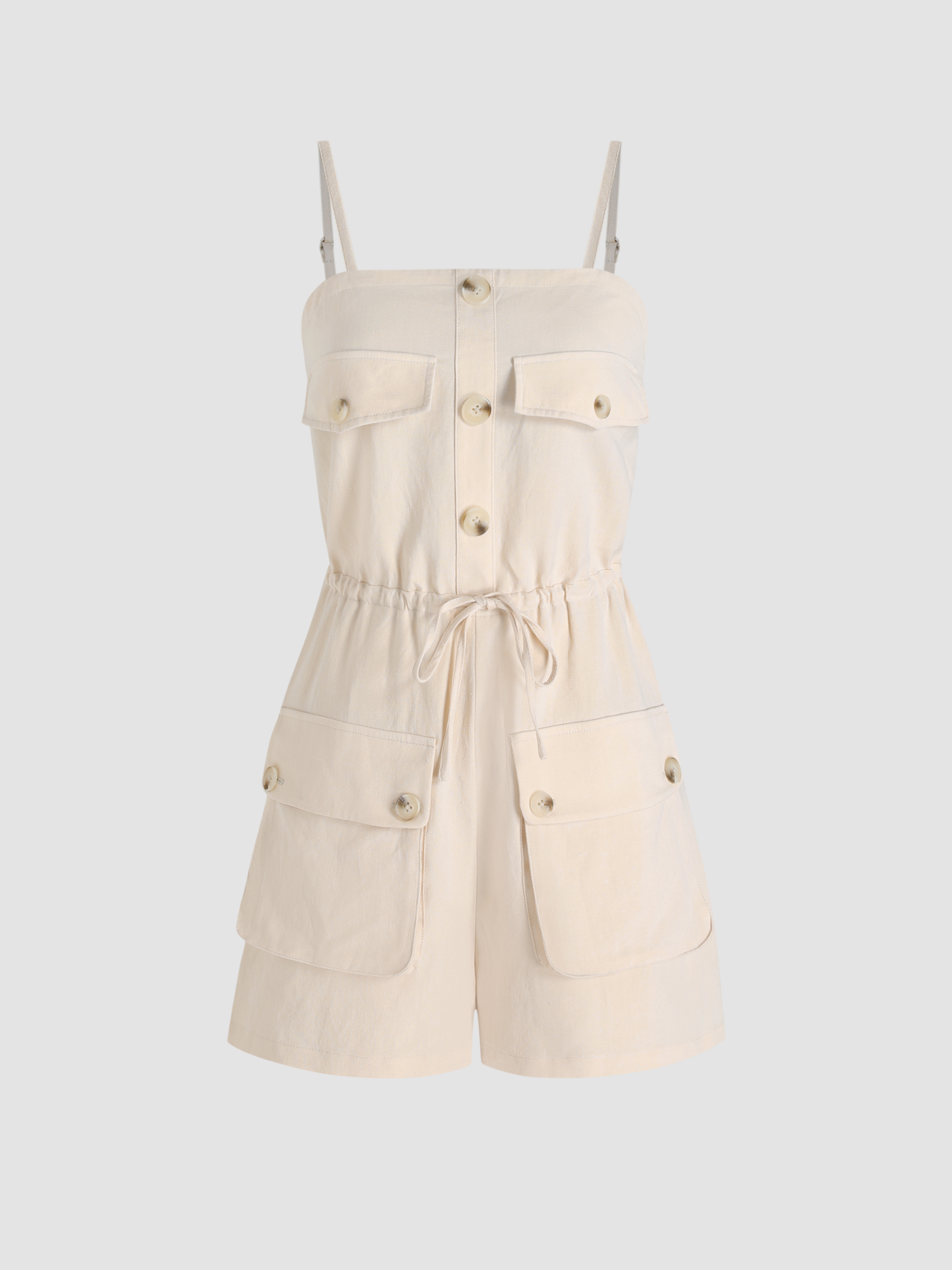 Linen-blend Solid Flapped Pocket Button Romper For Coffee Shop Daily ...