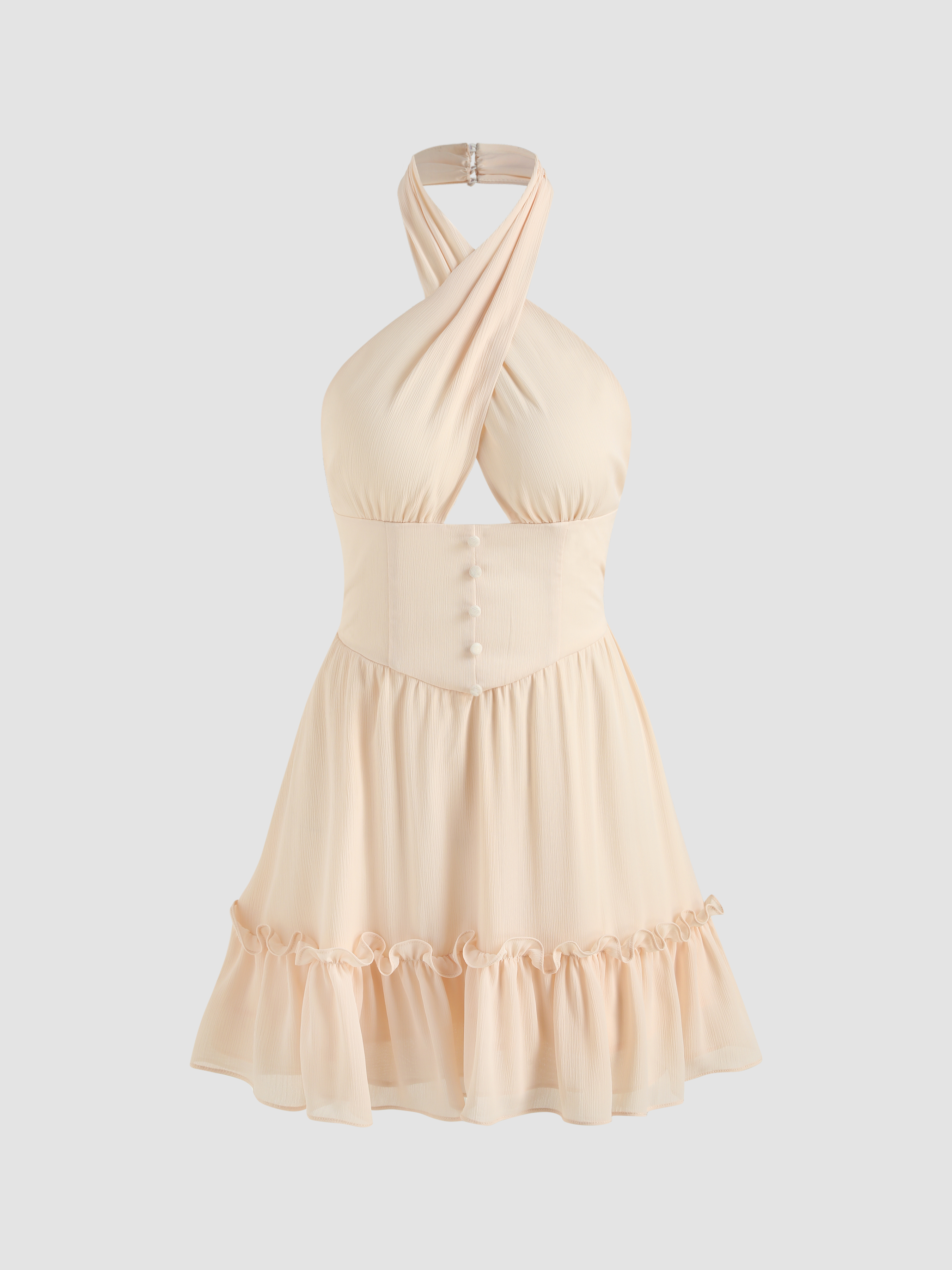 Chiffon Cross Halter Ruffle Trim Mini Dress For Vacation