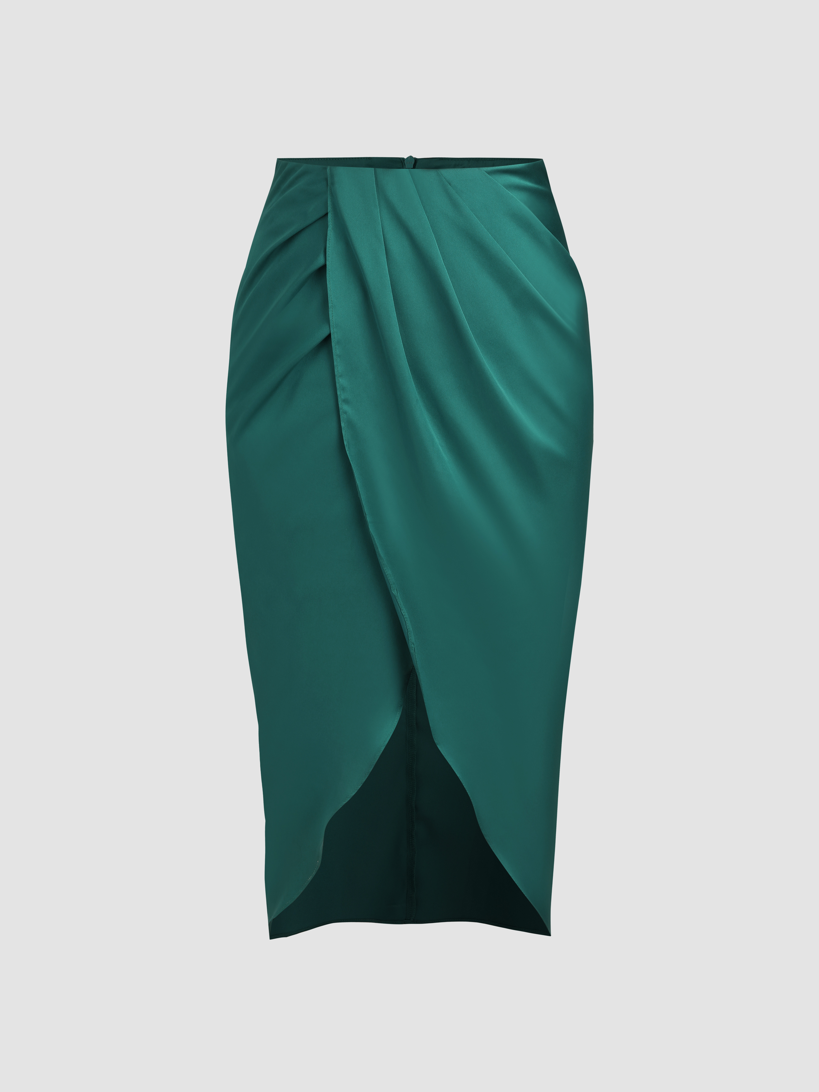 Satin Solid Fold Pleated Slit Midi Skirt For Exhibition Coffee Shop