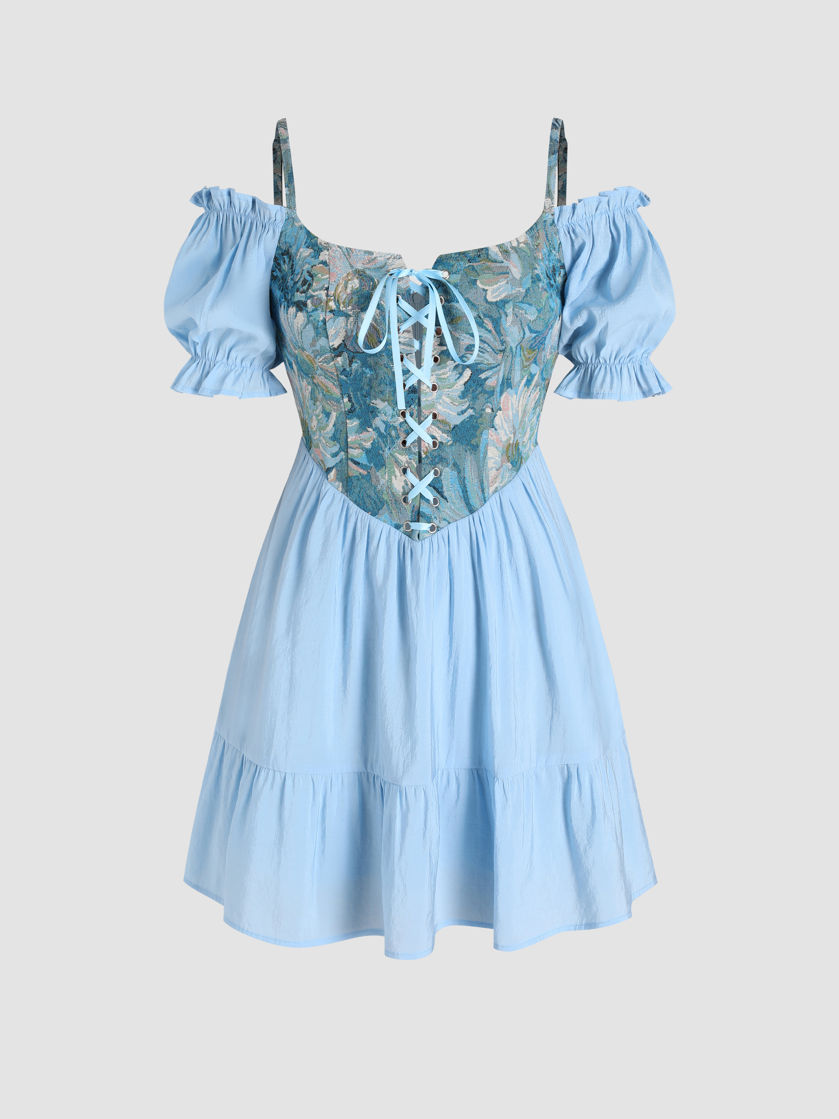 Floral Jacquard Patchy Knotted Mini Dress