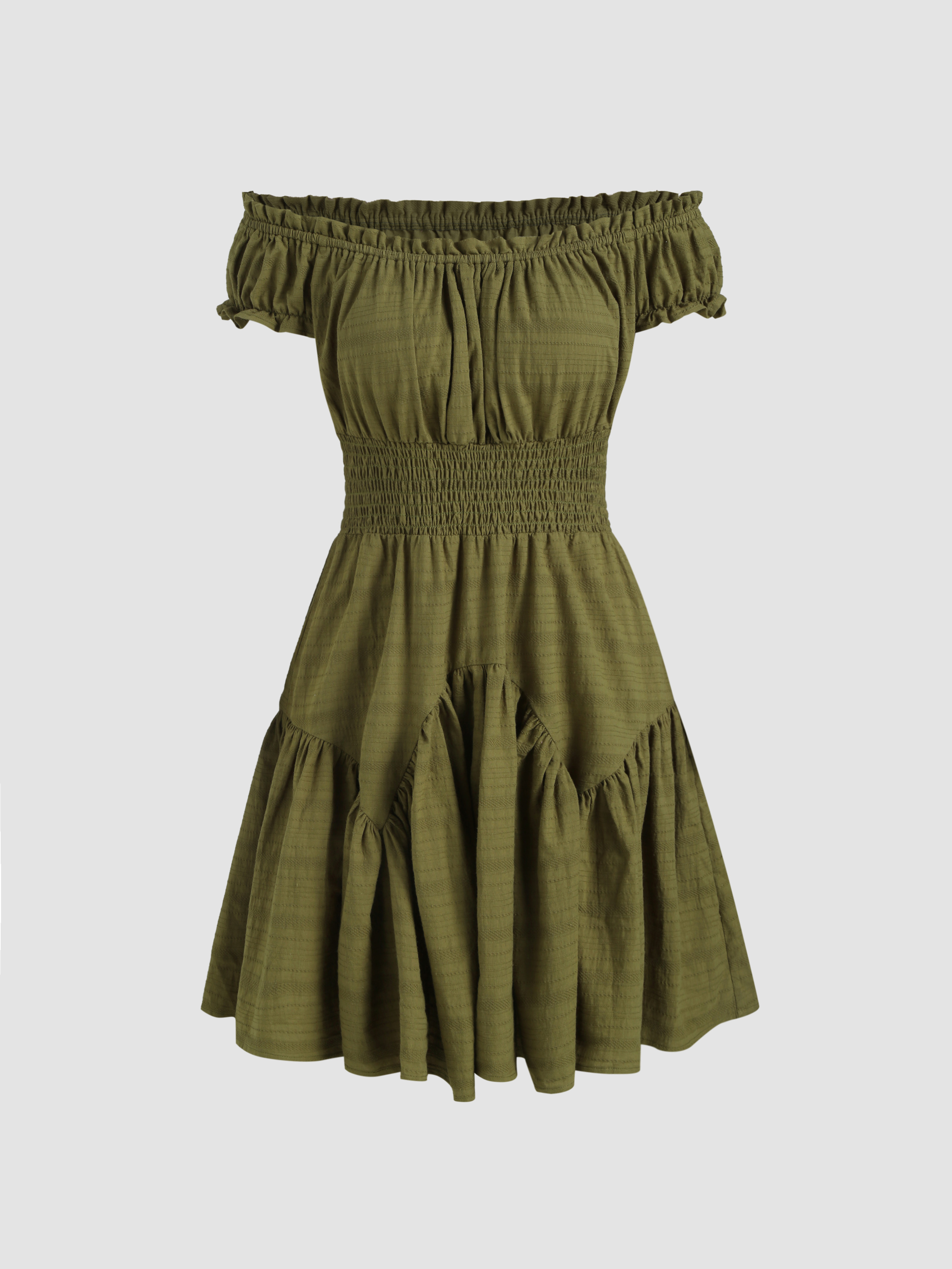 Solid Texture Off-Shoulder Ruffle Hem Mini Dress - Cider