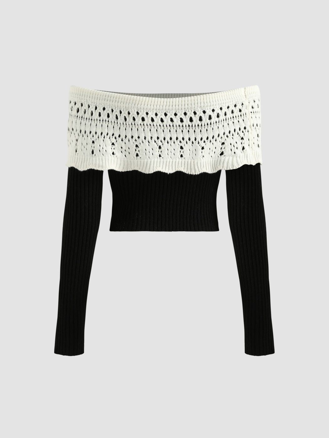 Two Tone Off Shoulder Rib Knit Top For Date Exhibition Coffee Shop