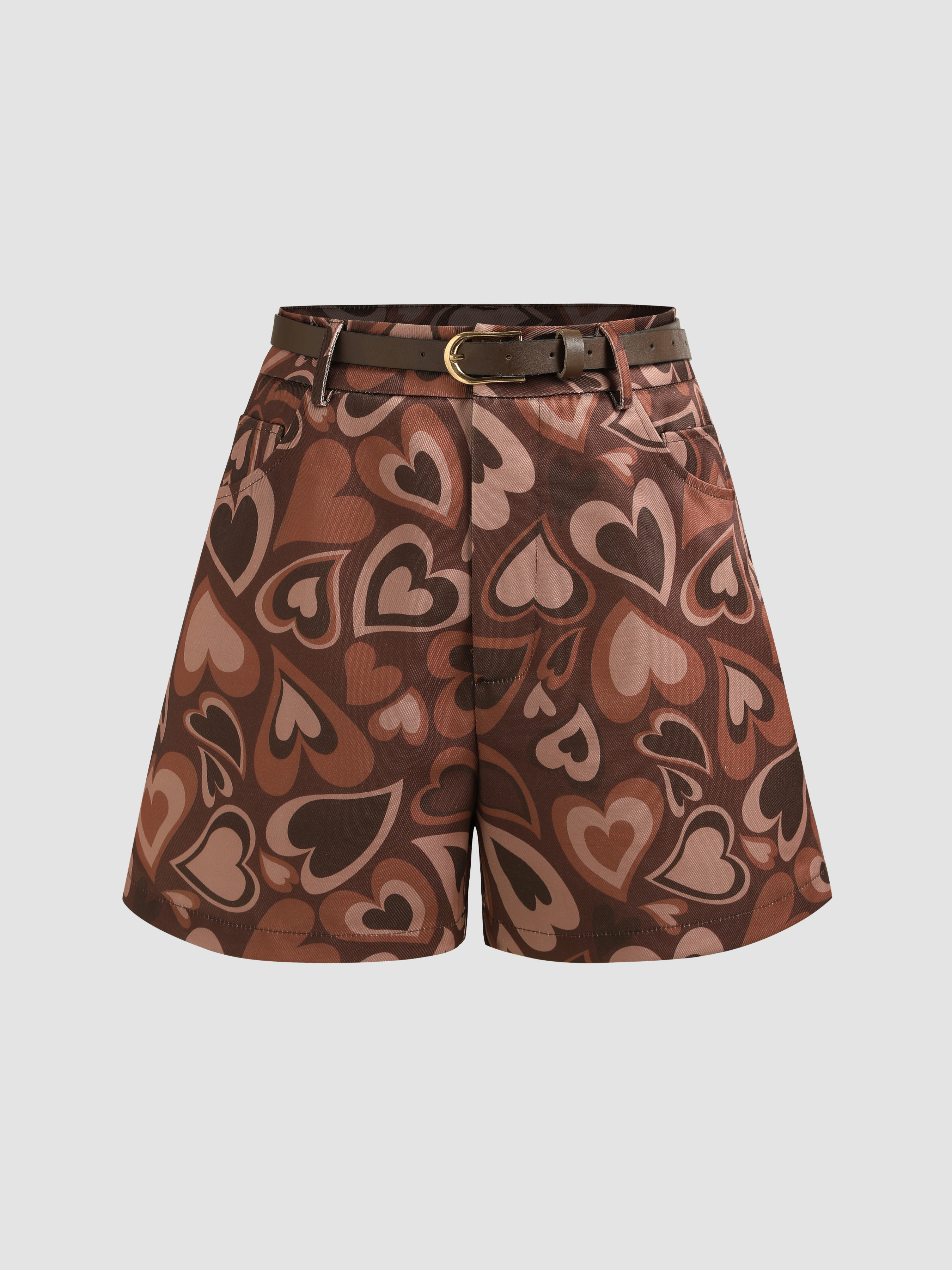 Heart Print Pocket Shorts with Belt For Exhibition Coffee Shop