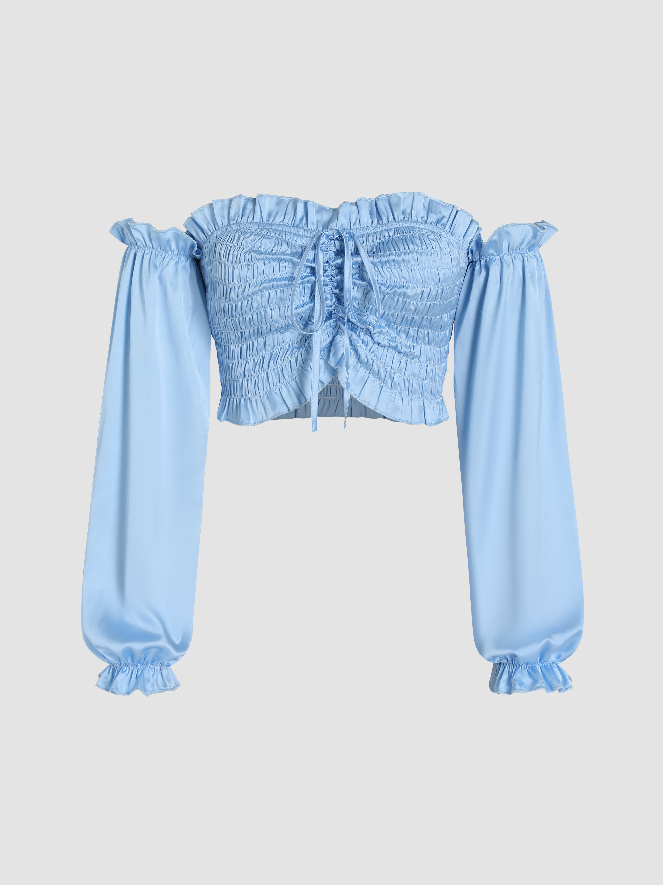 Shirred Drawstring Ruffle Trim Crop Top For Date Coffee Shop