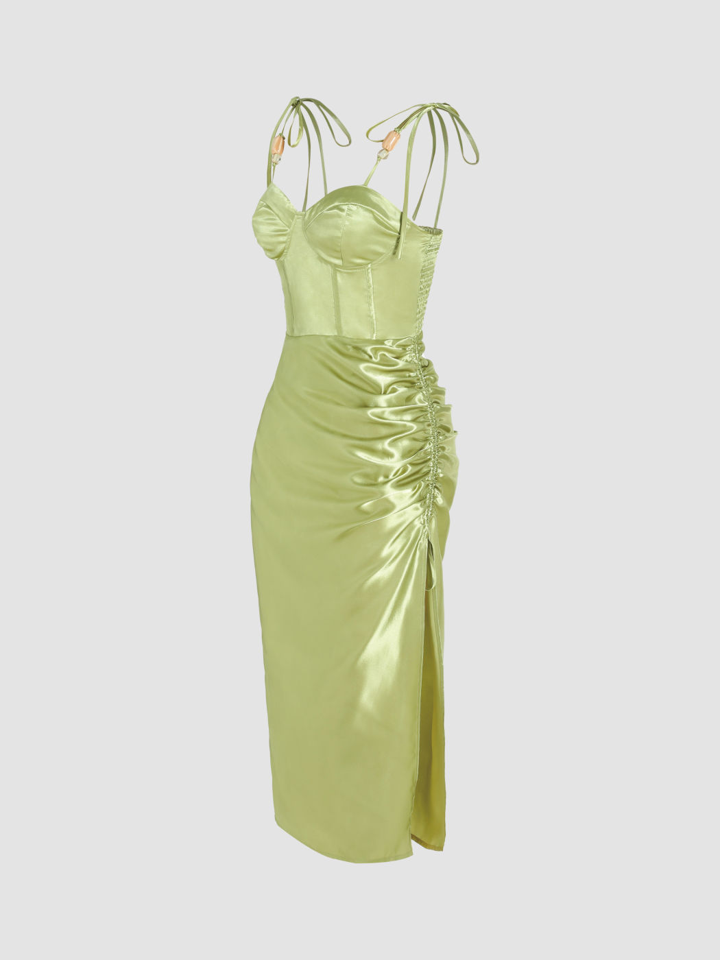 Wedding Guest Dress Recycled Fabric Satin Tie Shoulder Corset Ruched ...