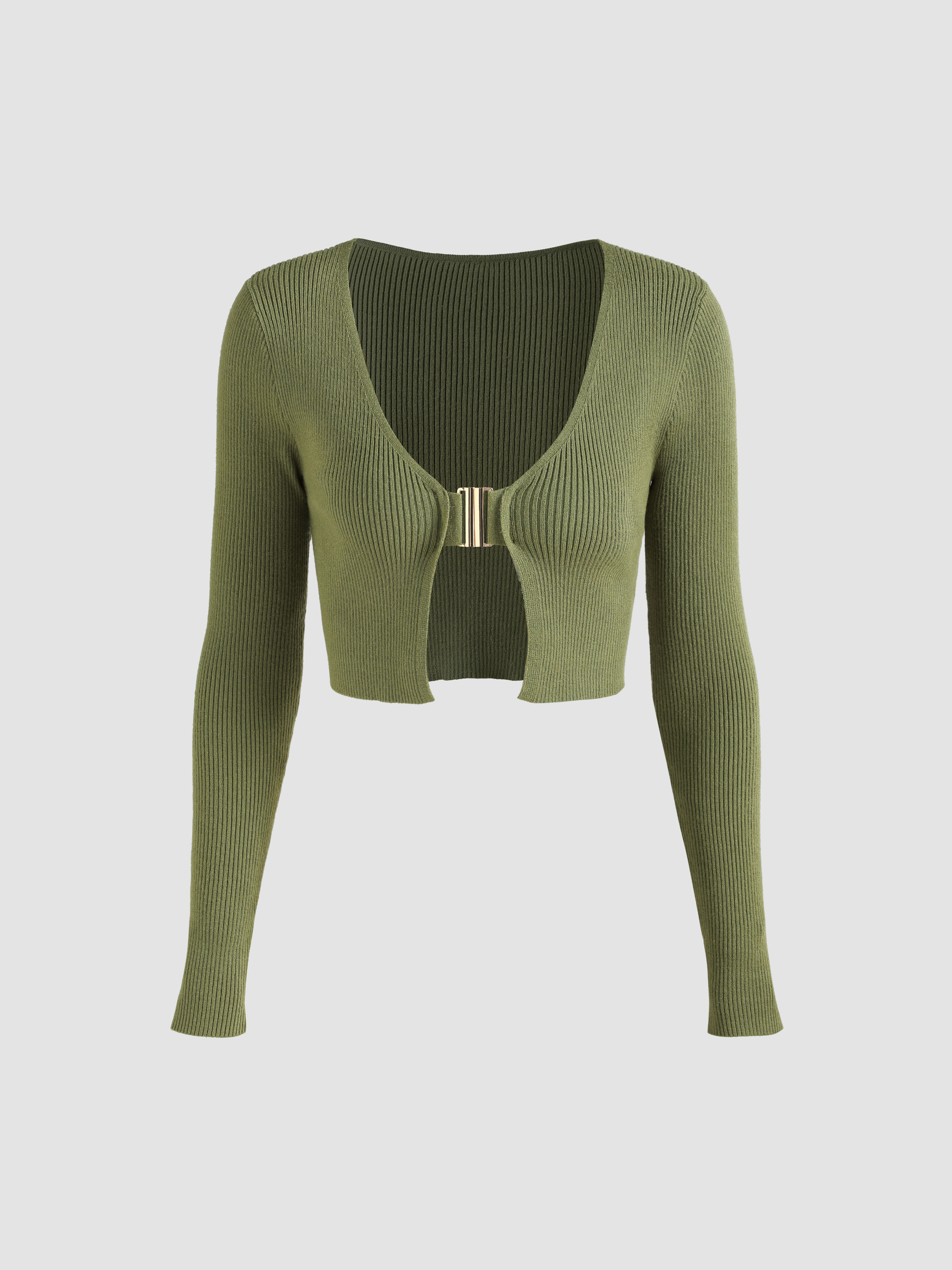 Solid Buckle Rib Knit Cardigan - Cider