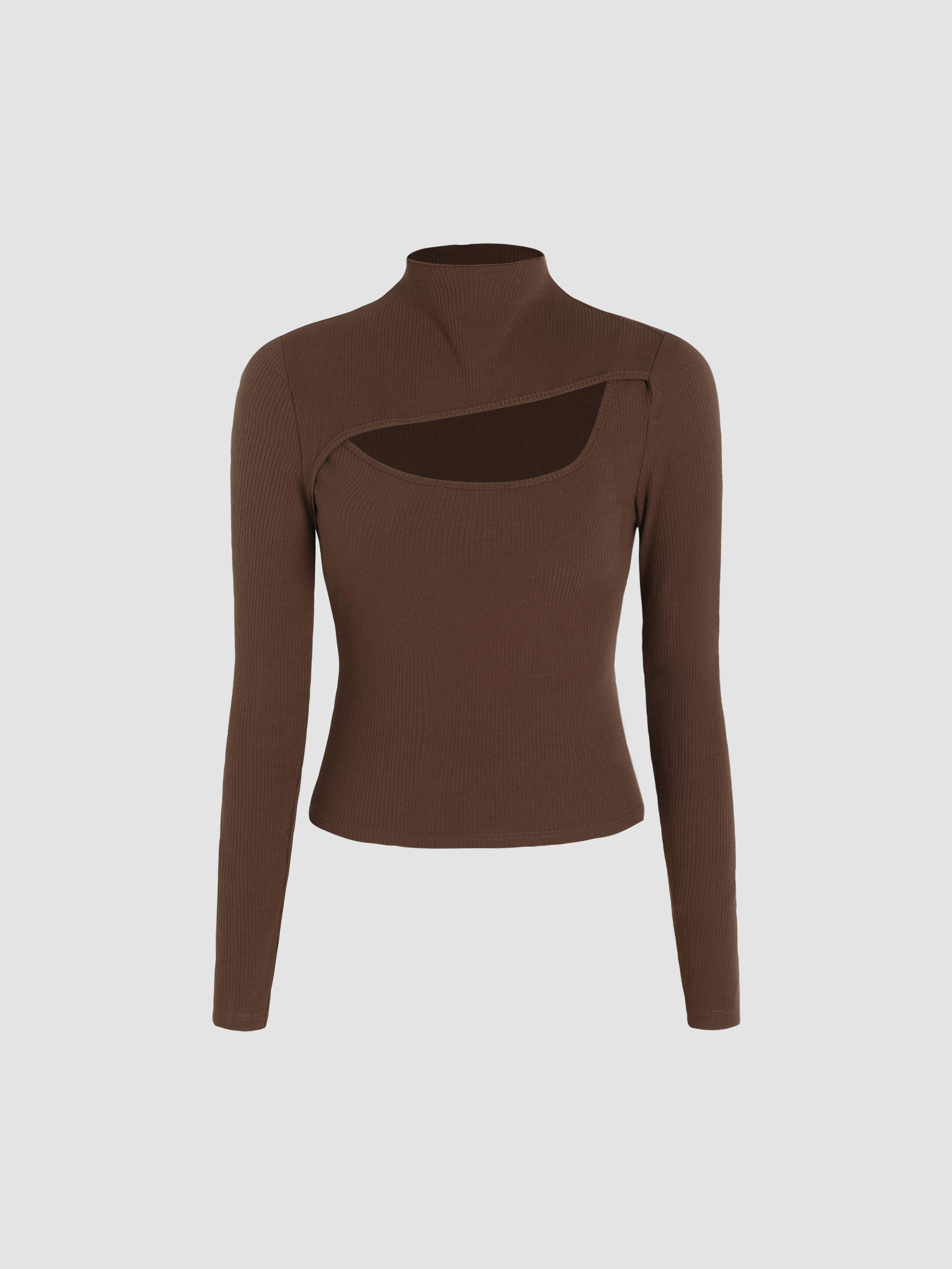 Recycled Fabric Solid High Neck Cut Out Long Sleeve Crop Top For School ...