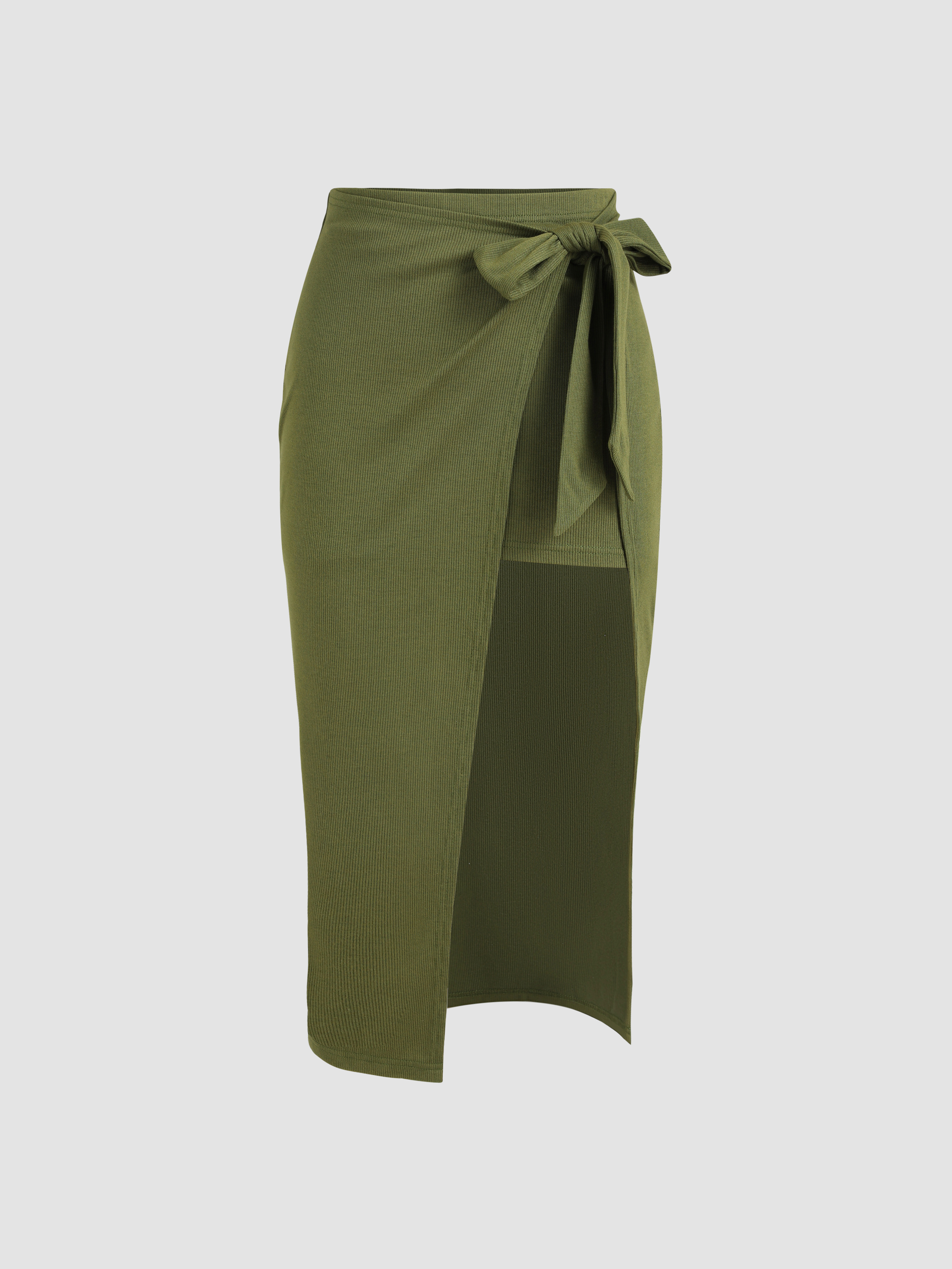 Recycled Fabric Solid Tie Front Split Skirt - Cider