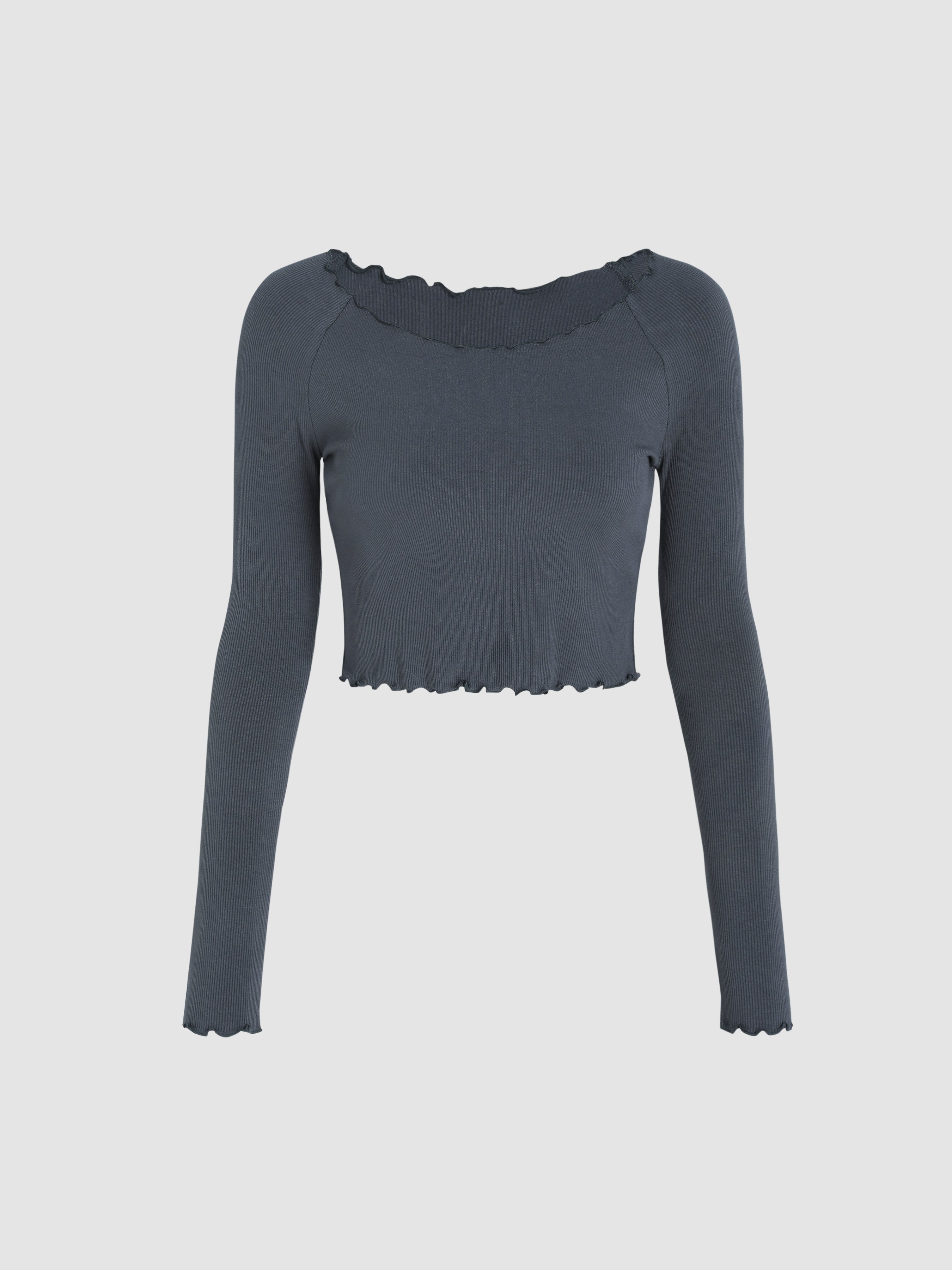 Solid Lettuce Trim Crop Top For Daily Casual Exhibition Coffee Shop Work