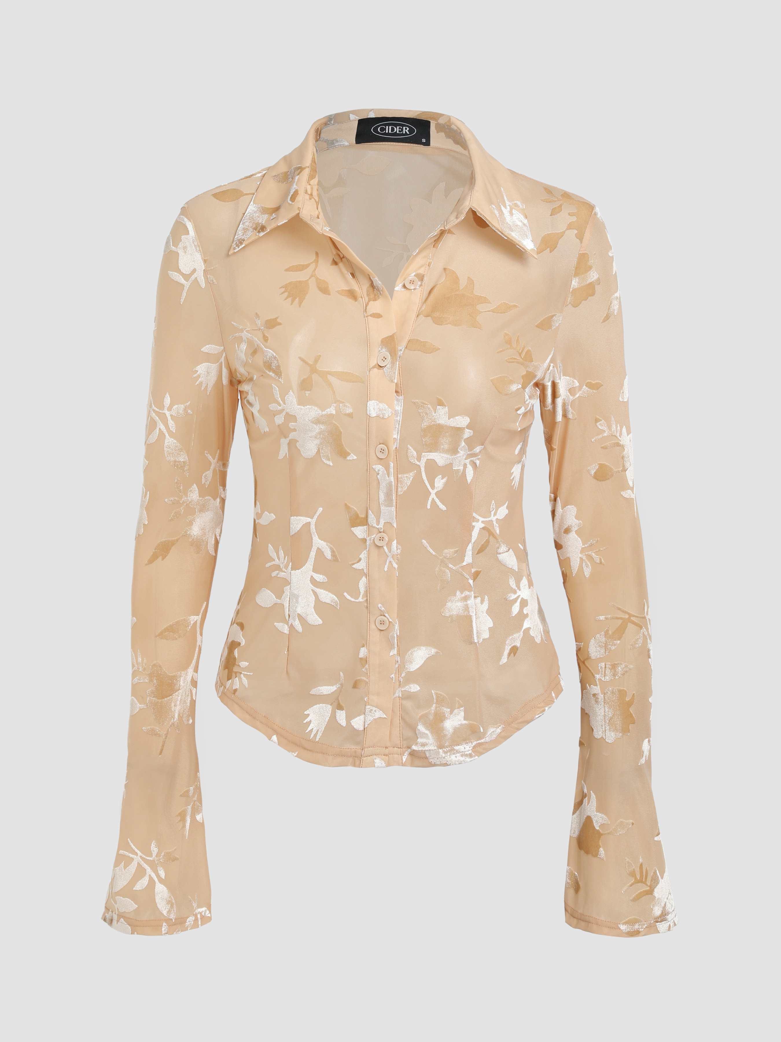 Floral Mesh Button Down Blouse - Cider