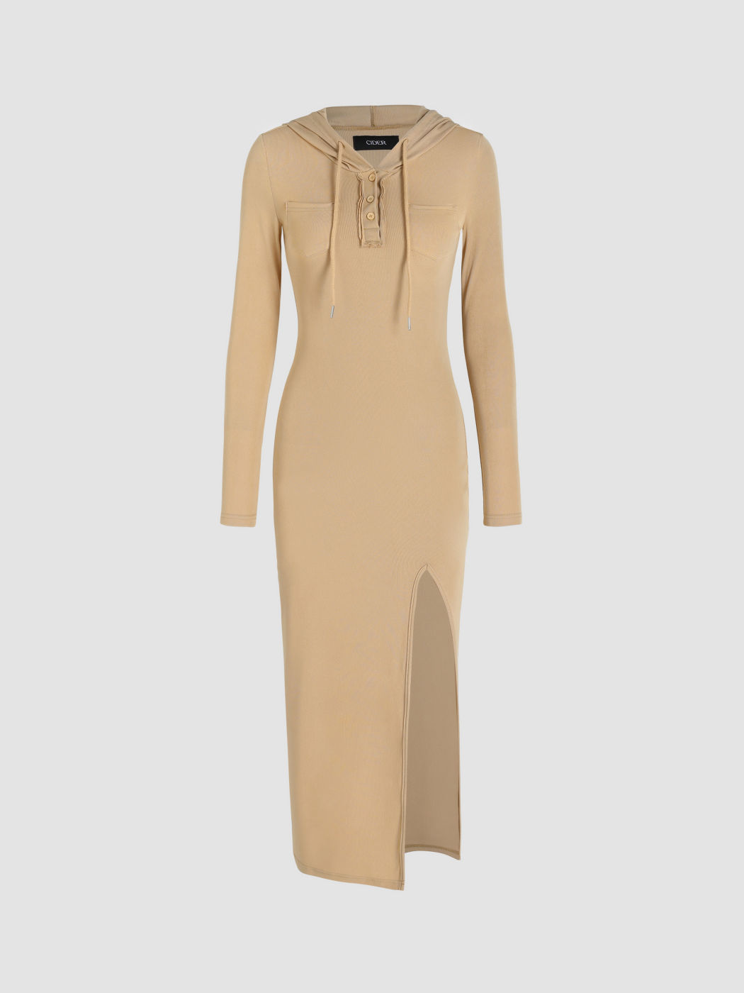 Knit Drawstring Hooded Slit Dress For Daily Casual Exhibition Coffee Shop