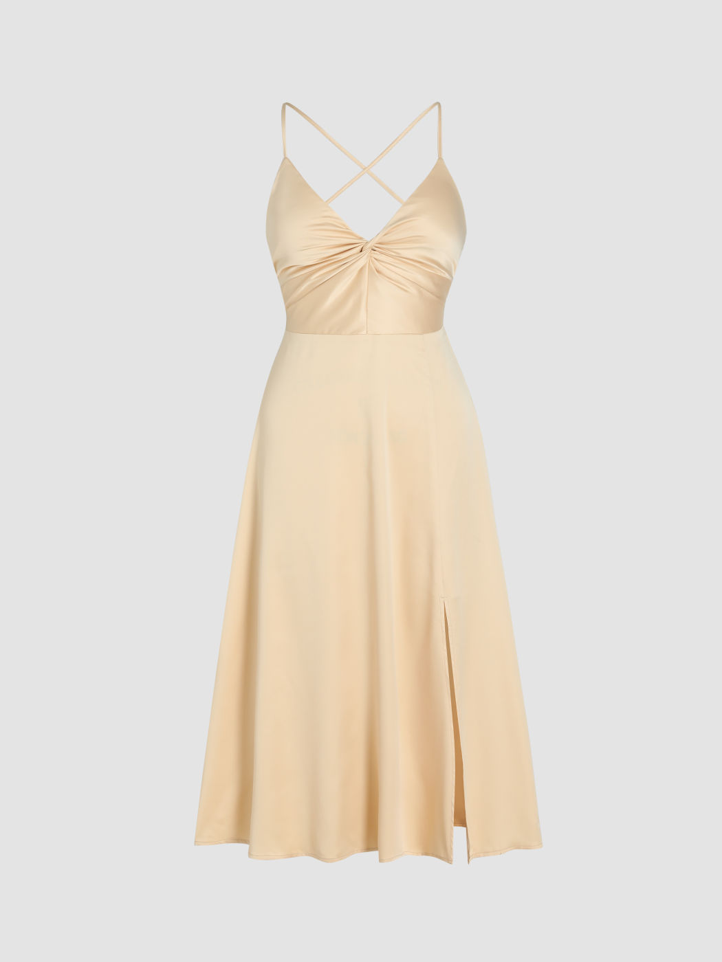 Recycled Fabric Satin Twisted Tie Back Slit Dress - Cider