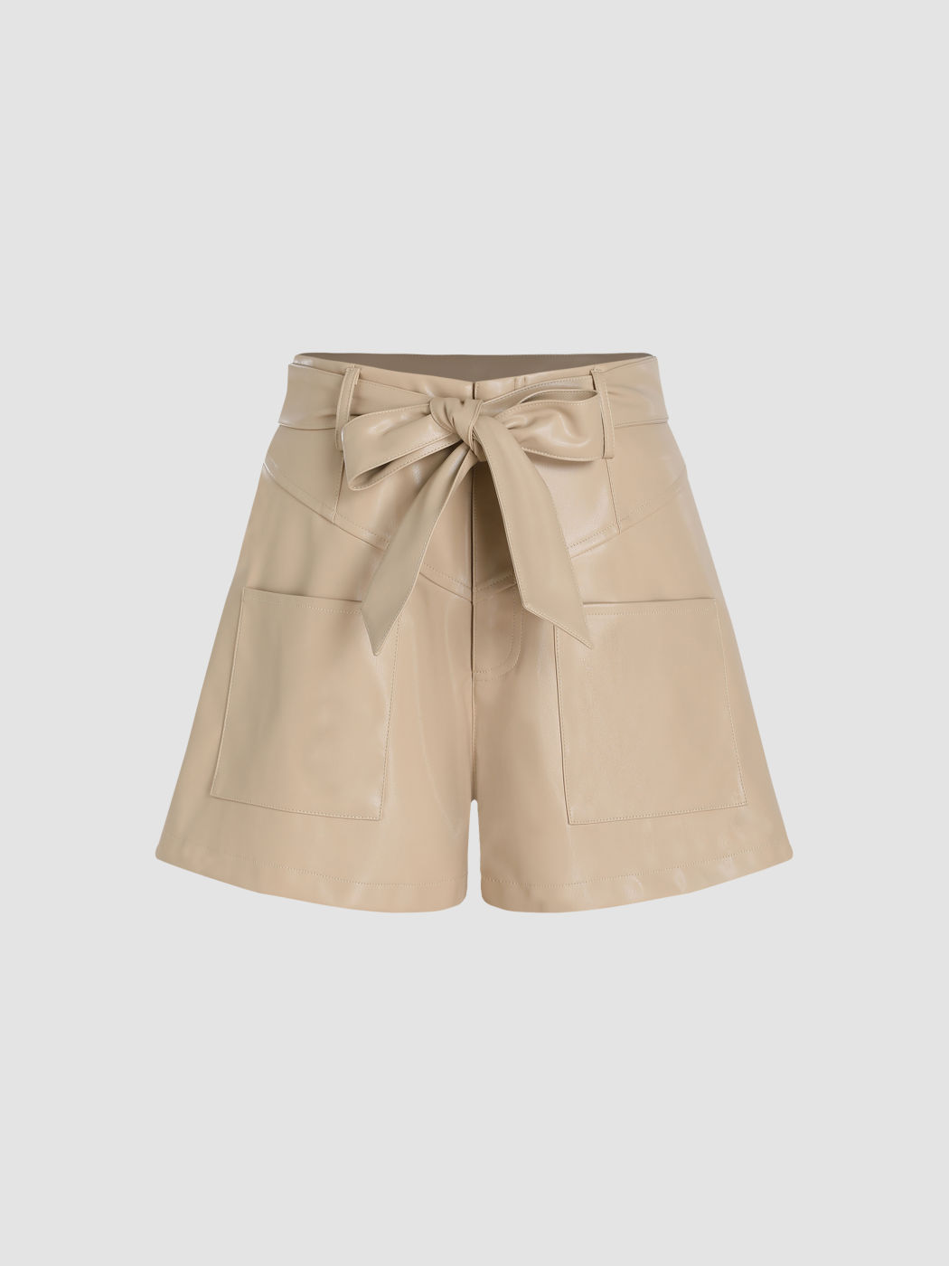 Faux Leather Bowknot Belted Shorts - Cider