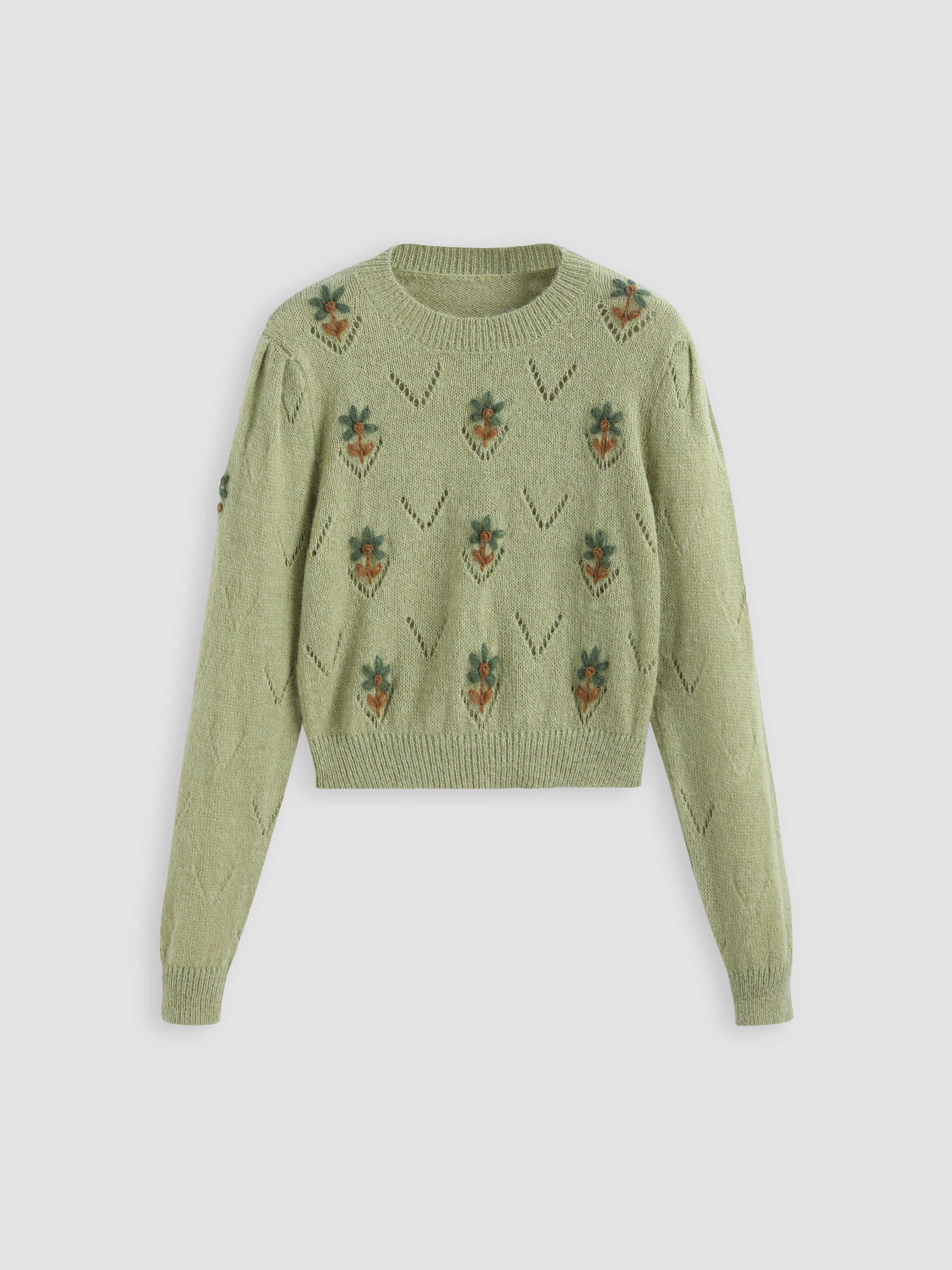 Wool-blend Floral Pattern Elastic Oversized Sweater - Cider