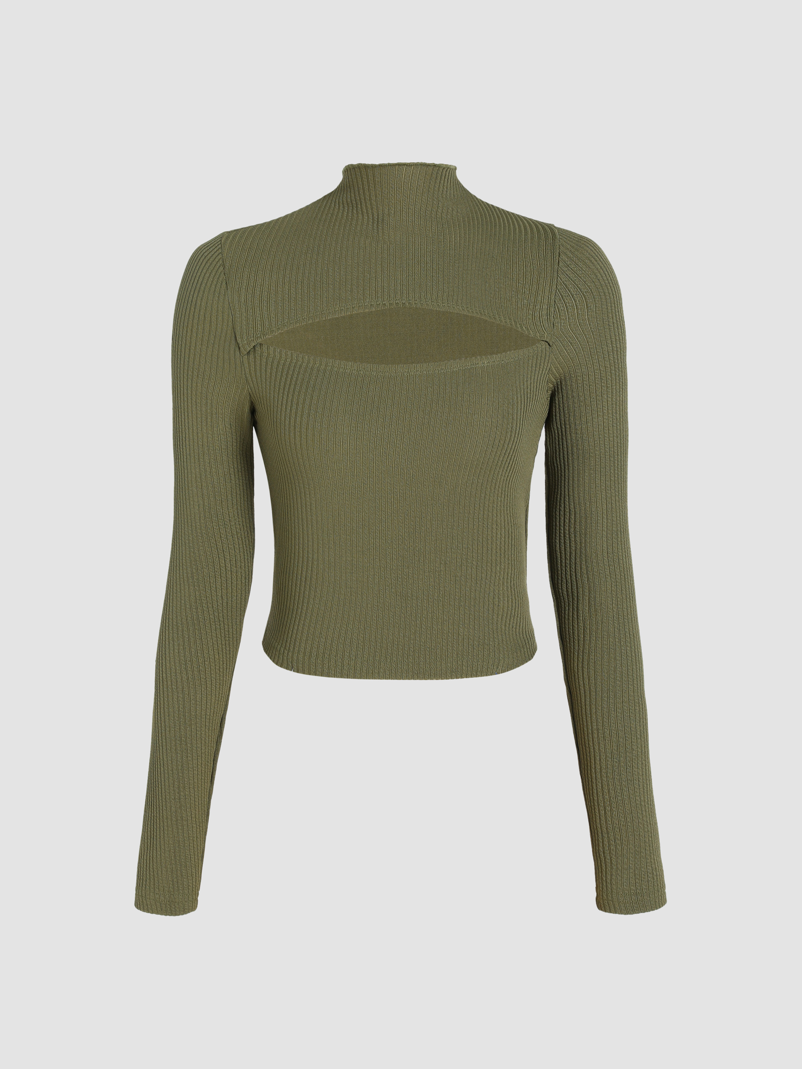 Knit Fabric Solid Rib Cut Out High Neck Crop Top For Coffee Shop ...