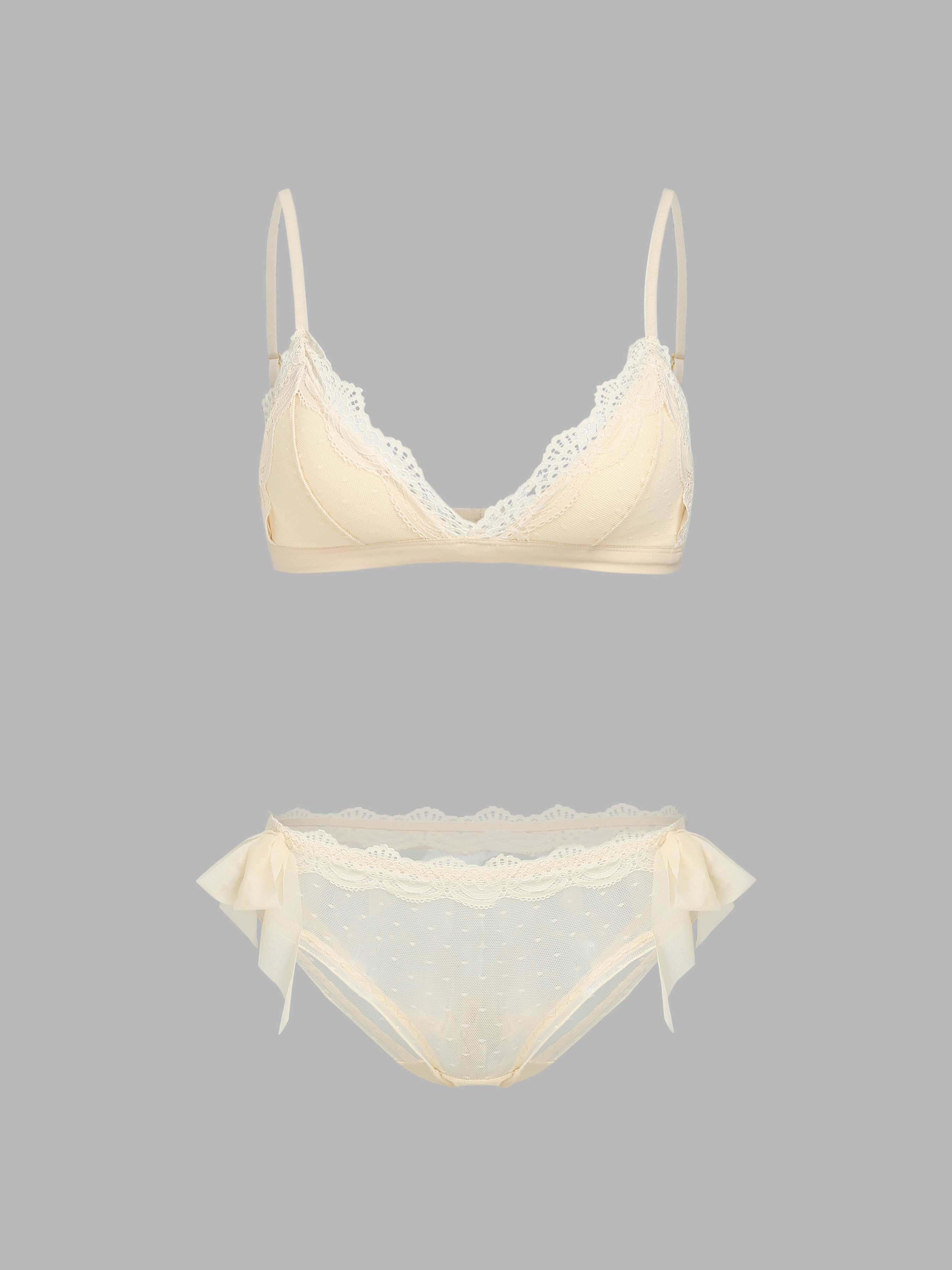 Lace Trim Mesh Triangle Bralette And Mid Waist Brief Cider
