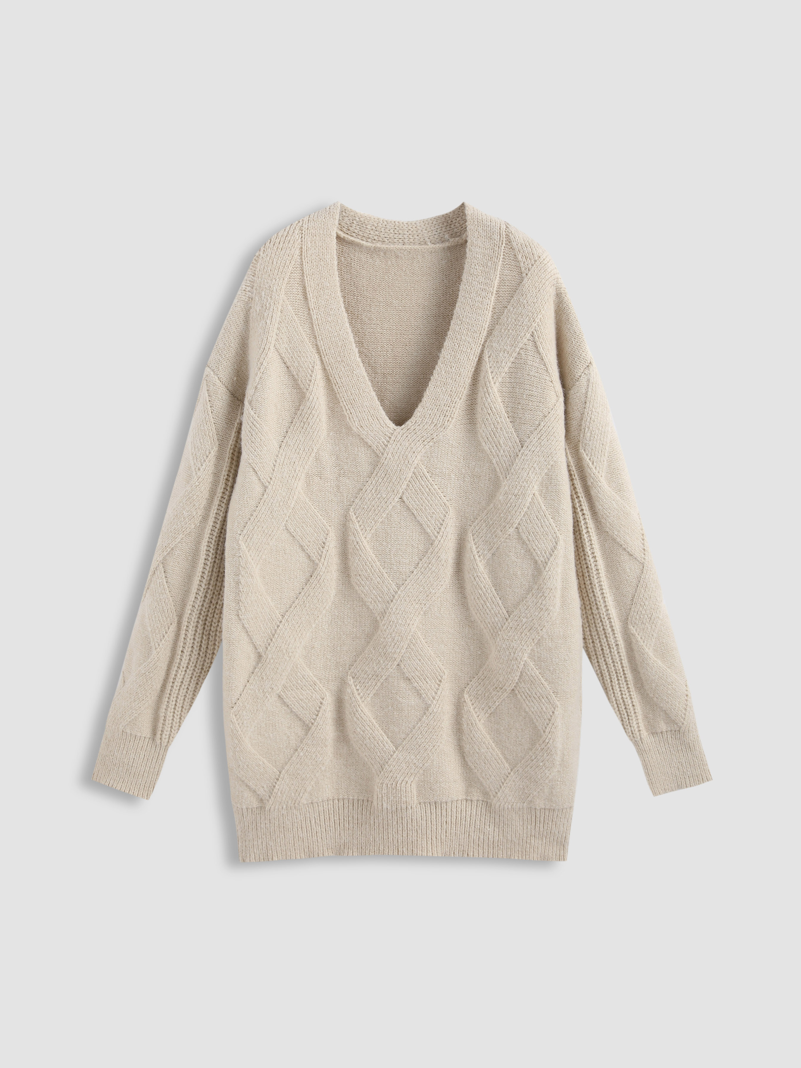 V Neck Solid Cable Knitted Top - Cider