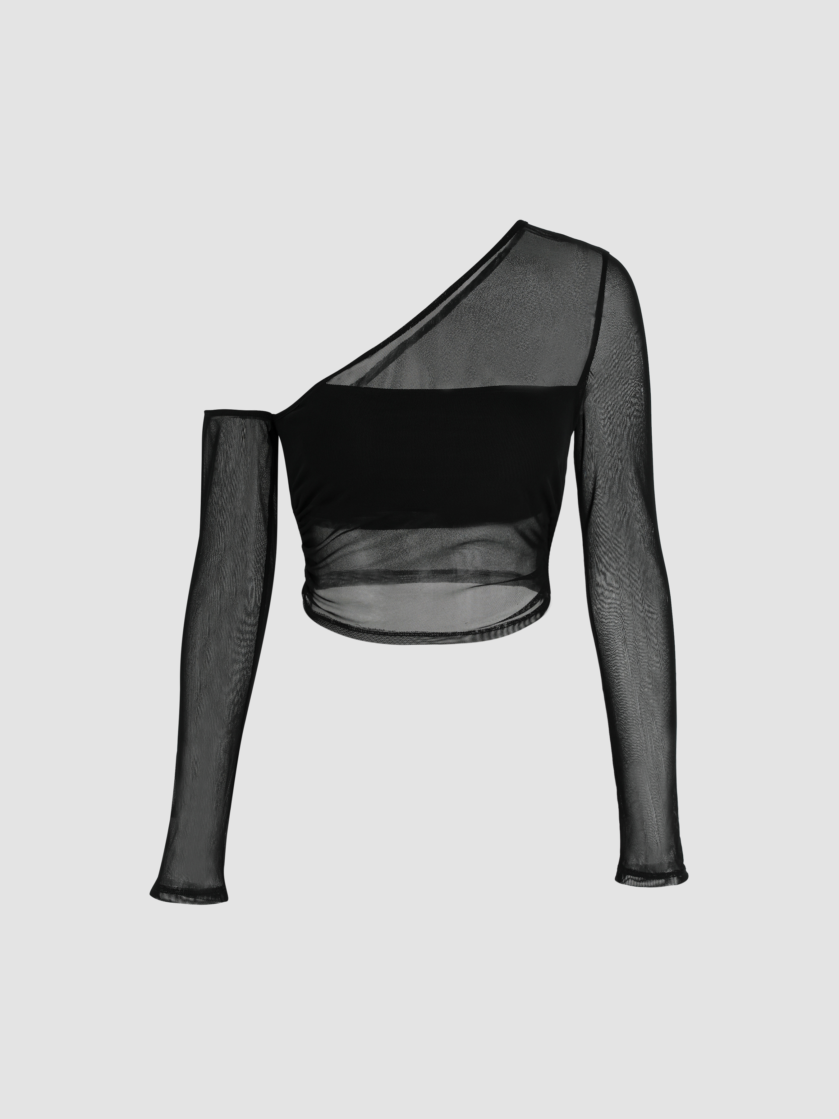 Mesh Asymmetrical Neck Crop Top - Cider