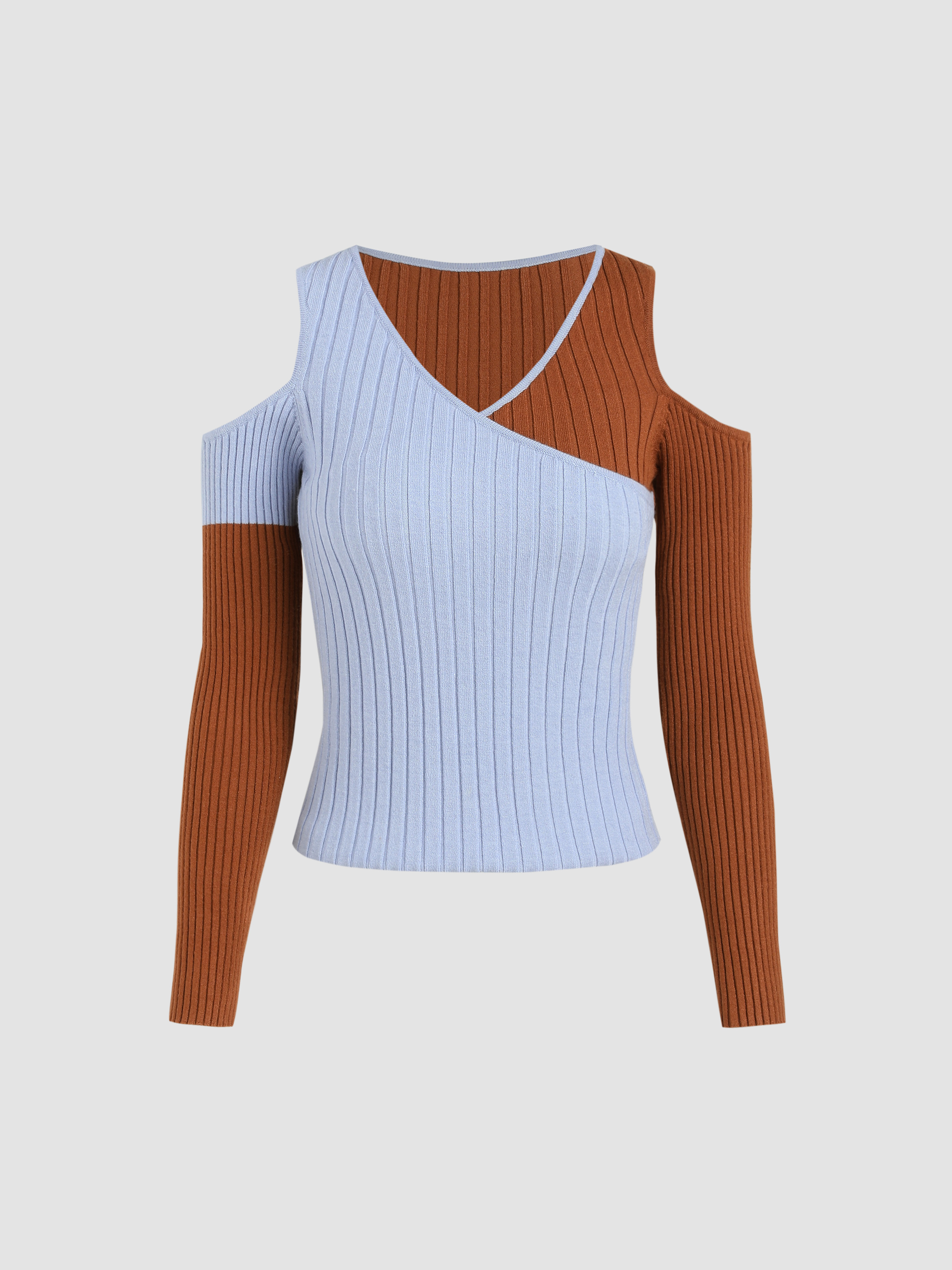 Patchwork Cold Shoulder Knit Top For Daily Casual Work Holiday Vacation