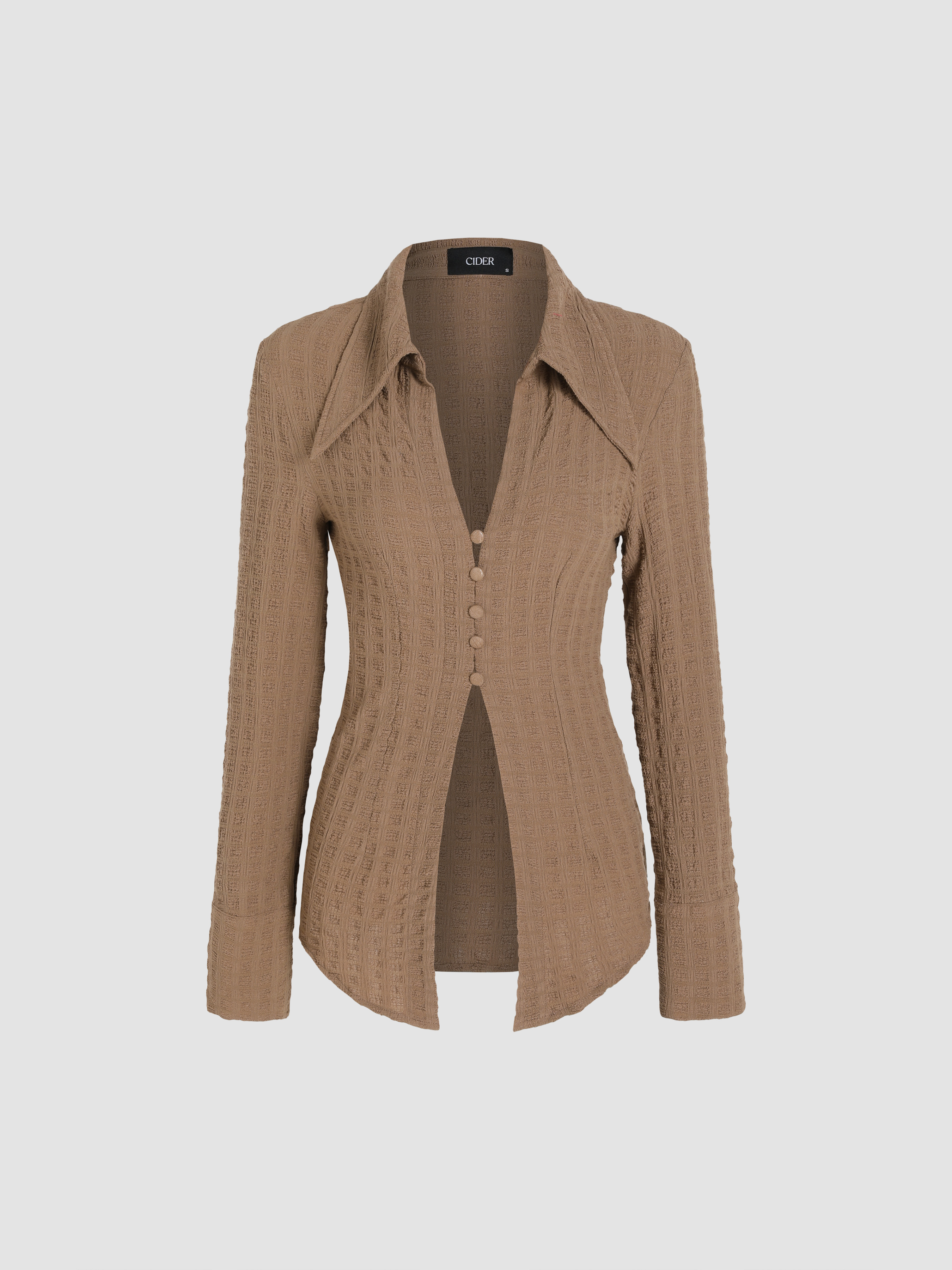 Solid Collar Button Up Blouse For Exhibition Coffee Shop