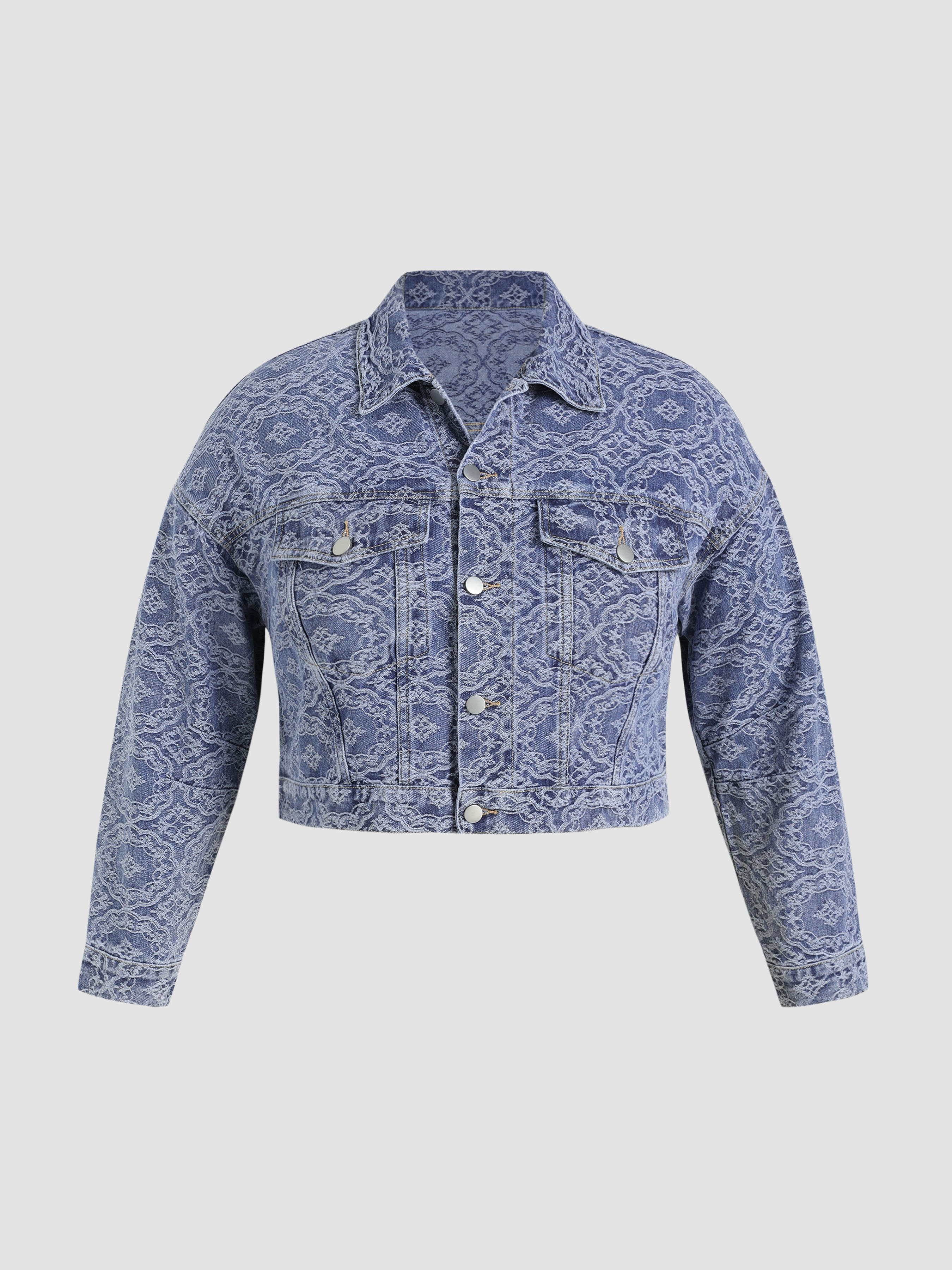 Jacquard Aztec Button Up Denim Jacket Curve & Plus For Daily Casual ...