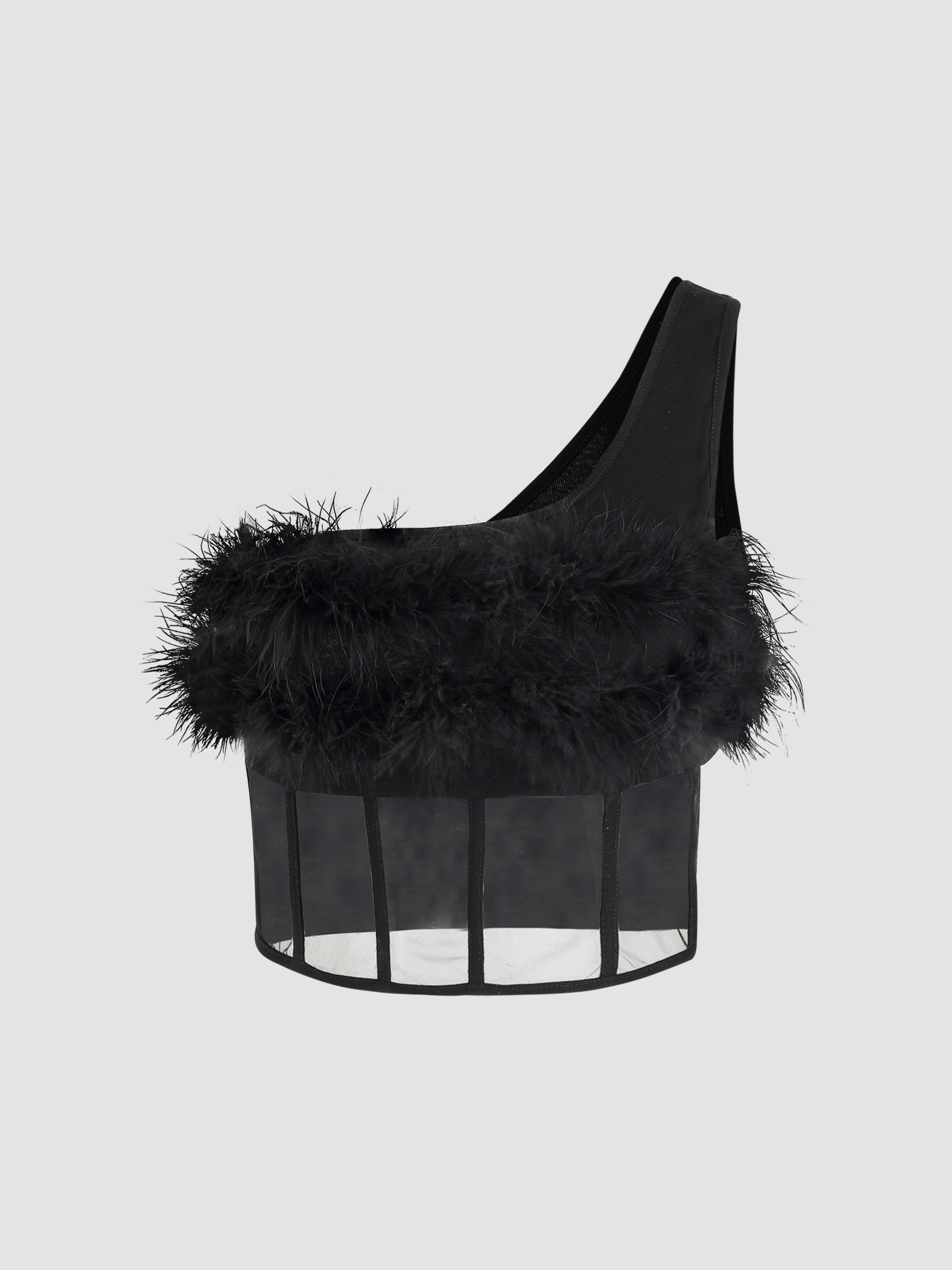 Fuzzy One Shoulder Mesh Top - Cider