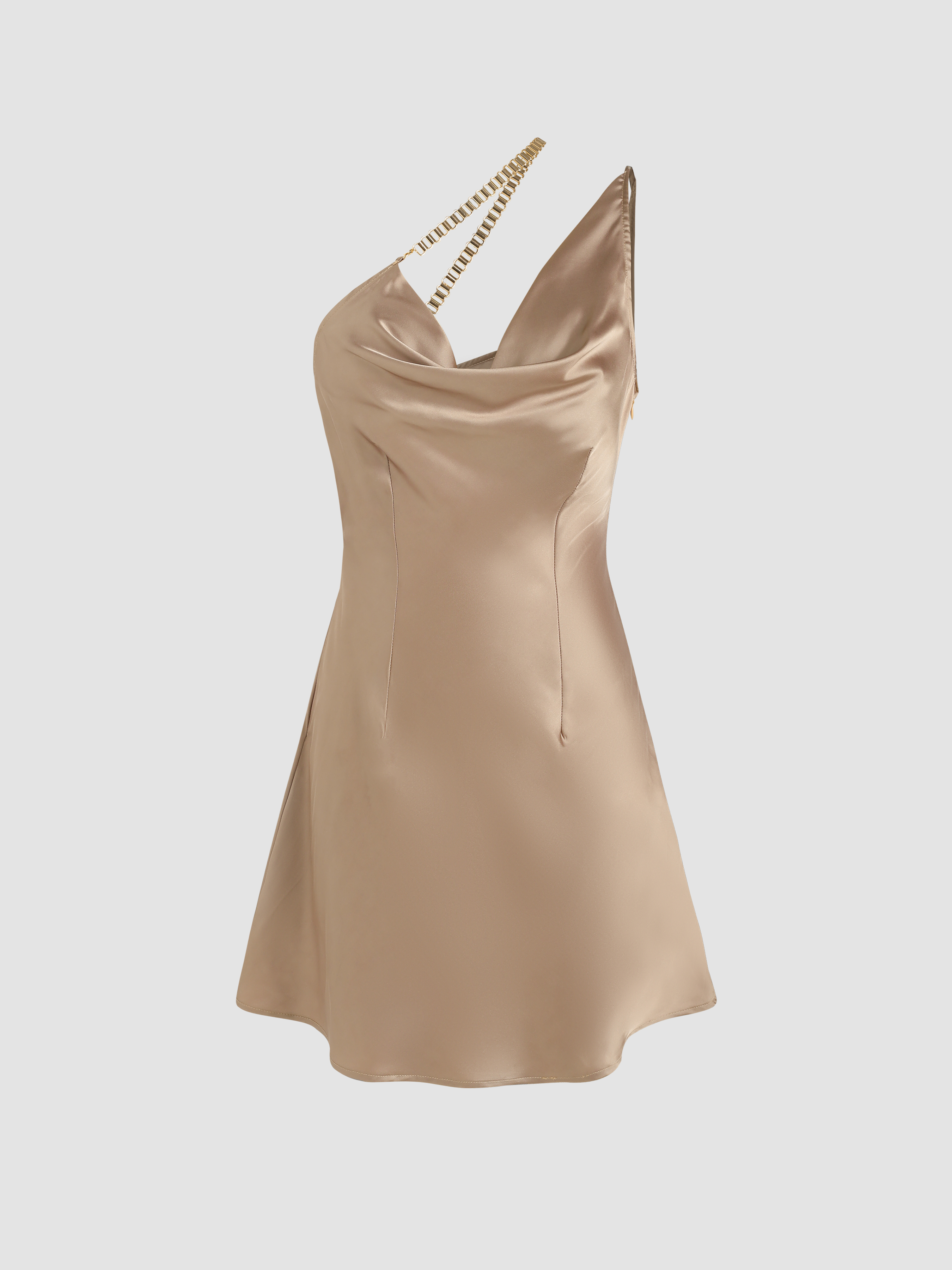 Satin Chain Strap Cowl Neck Mini Dress For Wedding Coffee Shop Exhibition