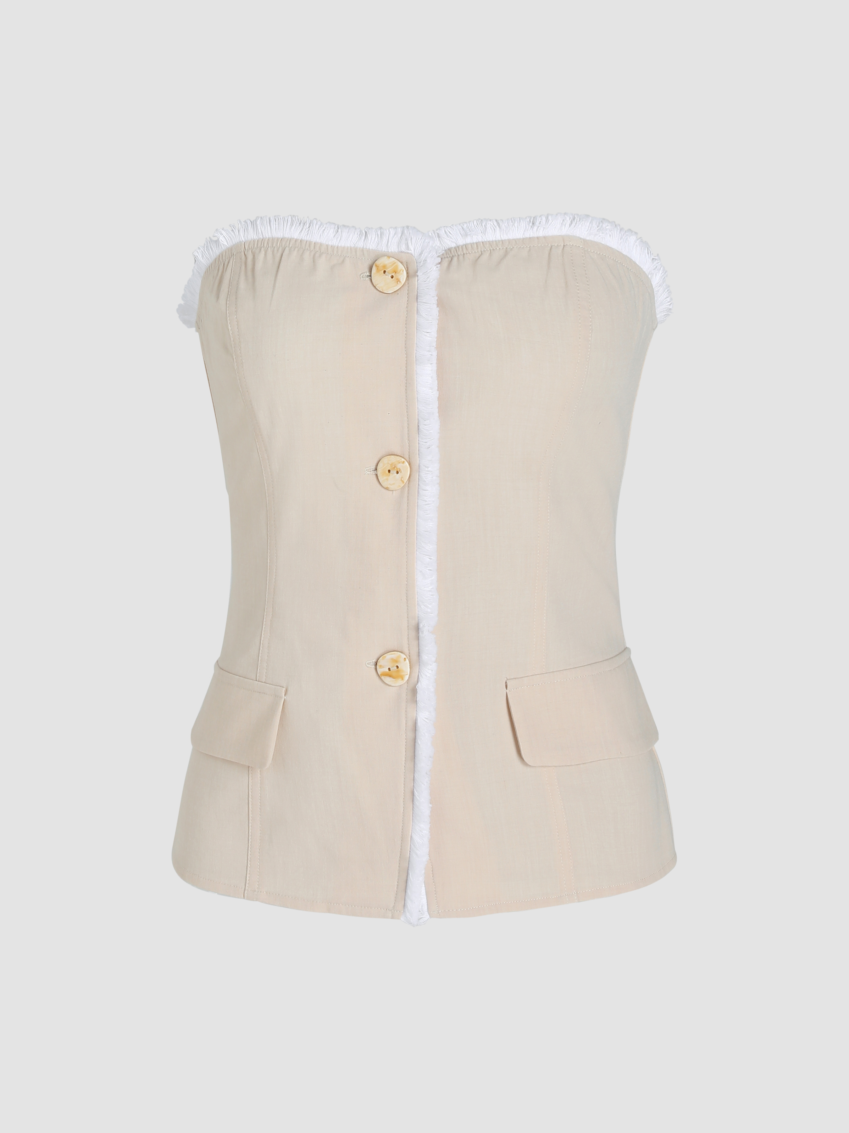 Shirred Button Down Tube Top For Picnic Coffee Shop Outdoor