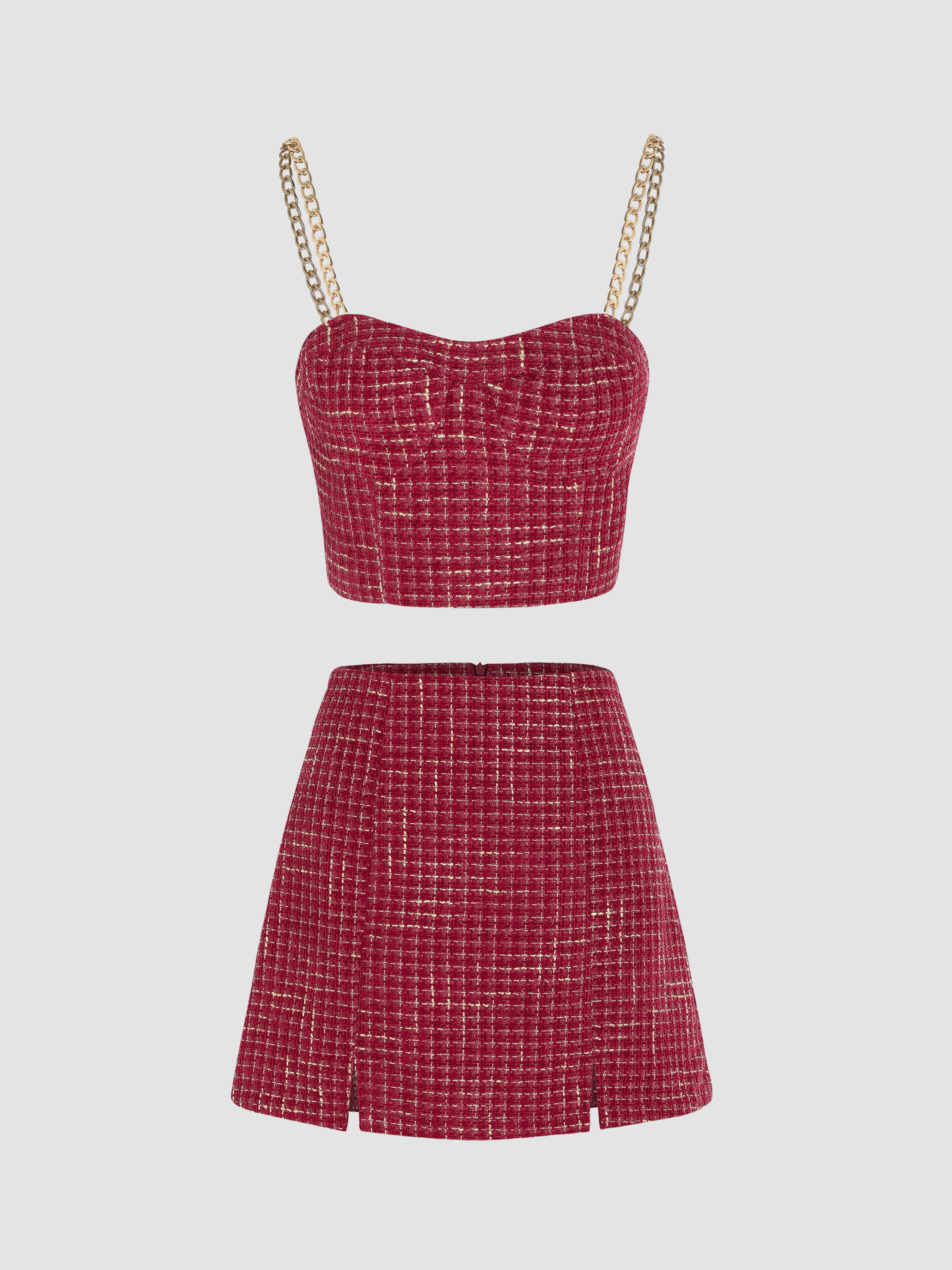 Tweed Chain Tank Top & Split Mini Skirt Set - Cider