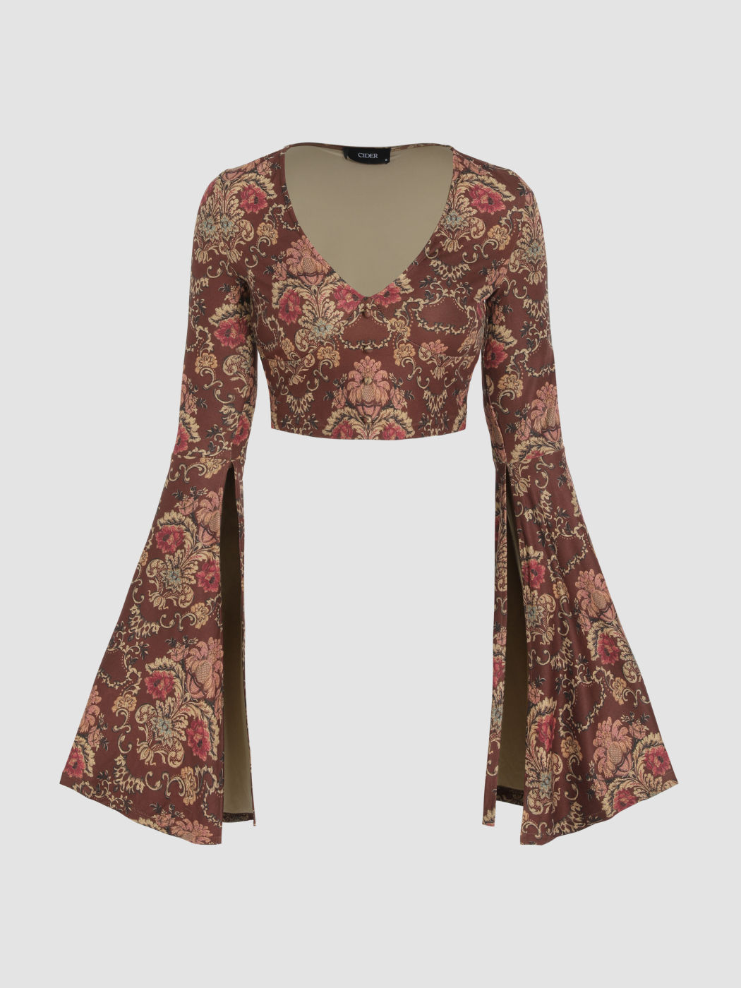 Floral Slit Bell Sleeve Crop Top - Cider