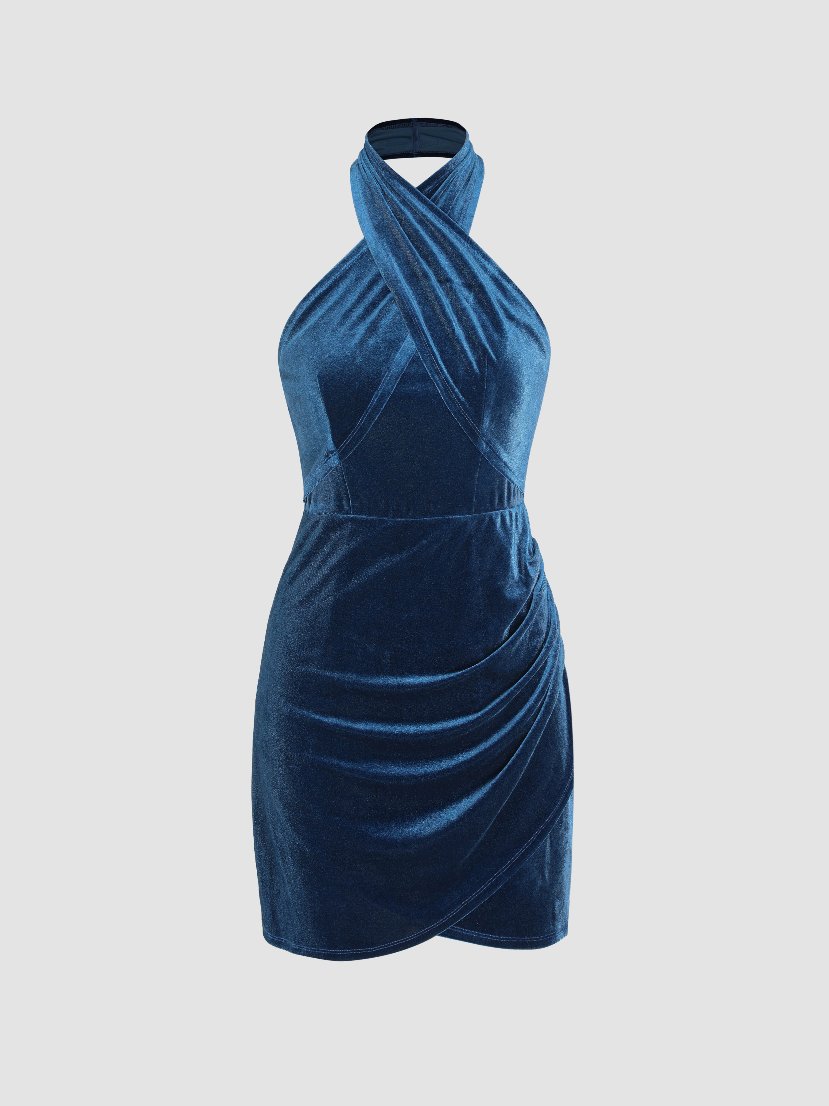 Velvet Cross Wrap Halter Velvet Mini Dress For Wedding Exhibition ...