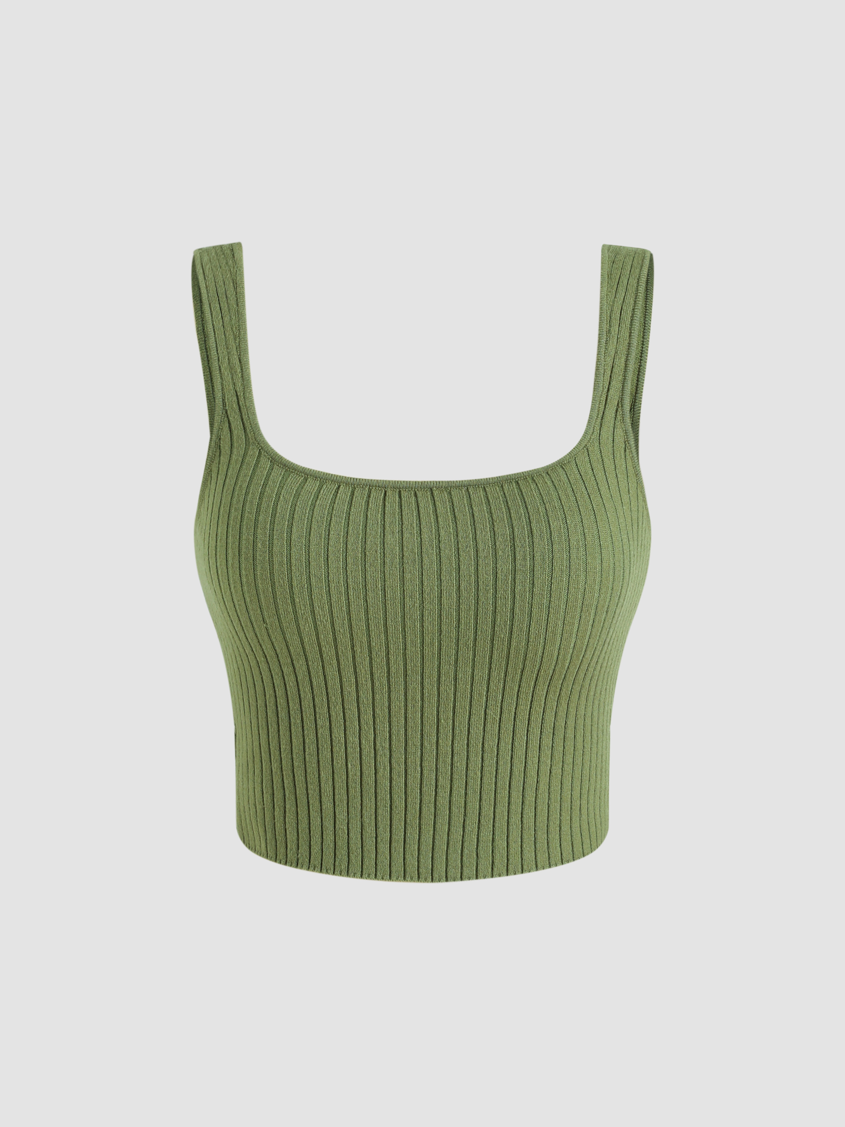 Solid Square Neck Knitted Cami Crop Top - Cider
