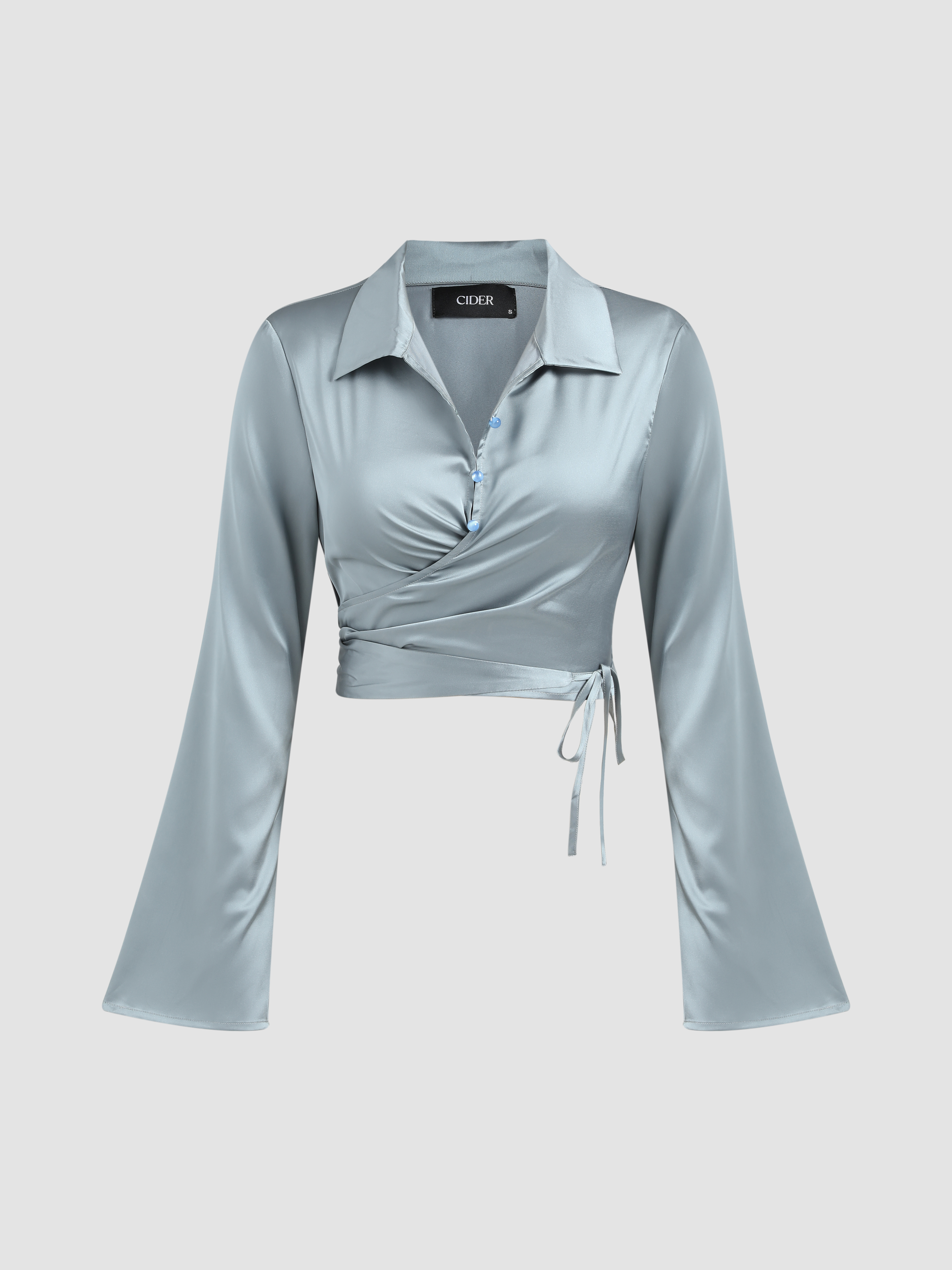 Satin Drawstring Button Crop Blouse - Cider