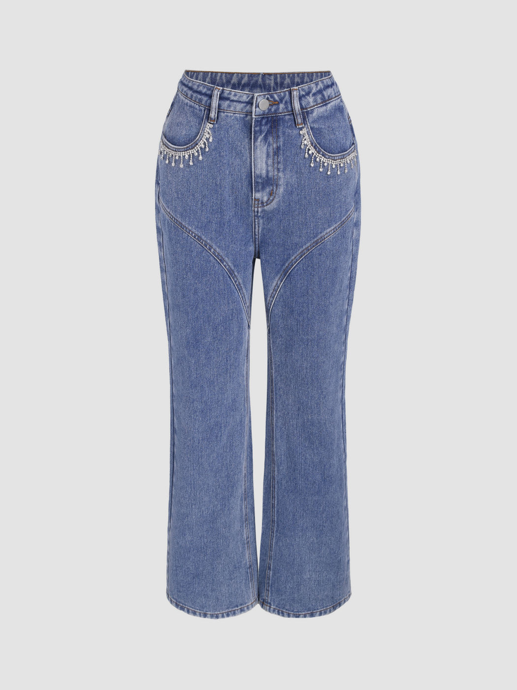 Straight Leg Jeans Denim Rhinestone Tassel Stitch Jeans For School ...
