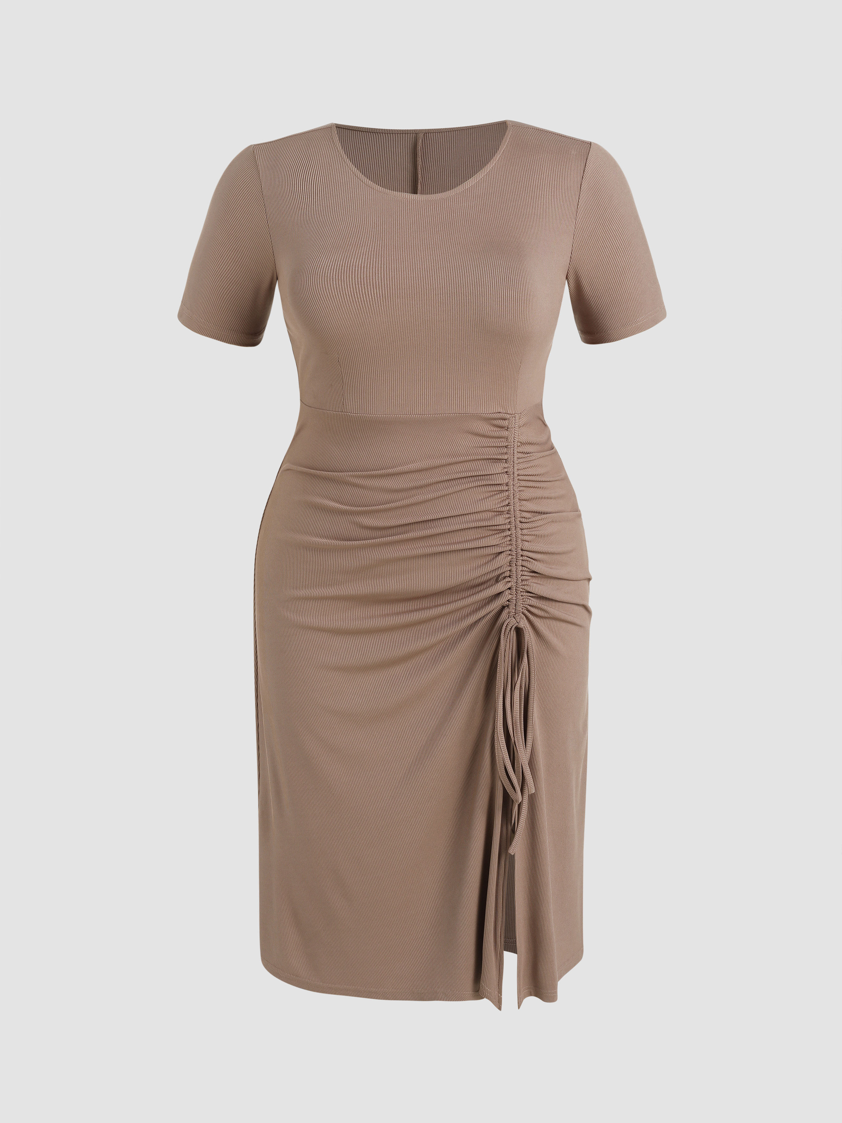 Curve & Plus Solid Drawstring Slit Midi Dress For Daily Casual Coffee ...