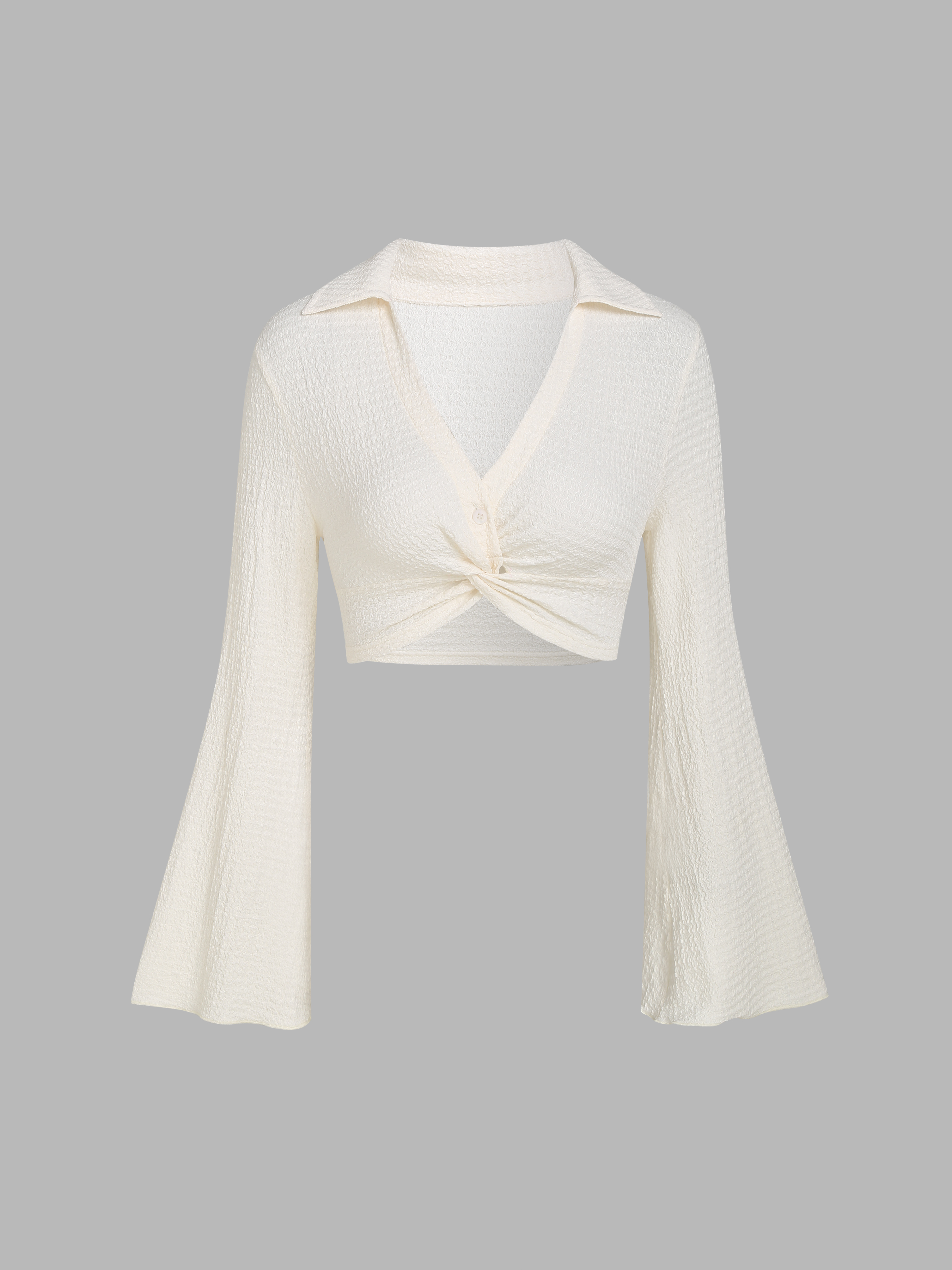 Solid Texture Bell Sleeve Twisted Crop Top For Date Music Festivallive House Exhibition Coffee